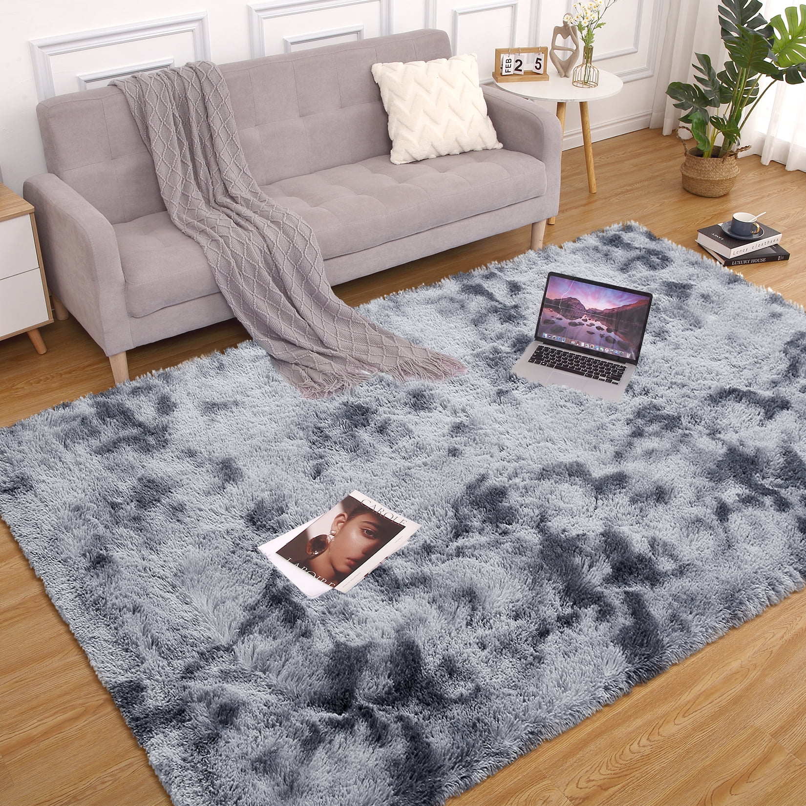 CAROMIO Tie-dyed Fluffy 5' x 8' Dark Gray Area Rugs Soft and Thick Faux ...