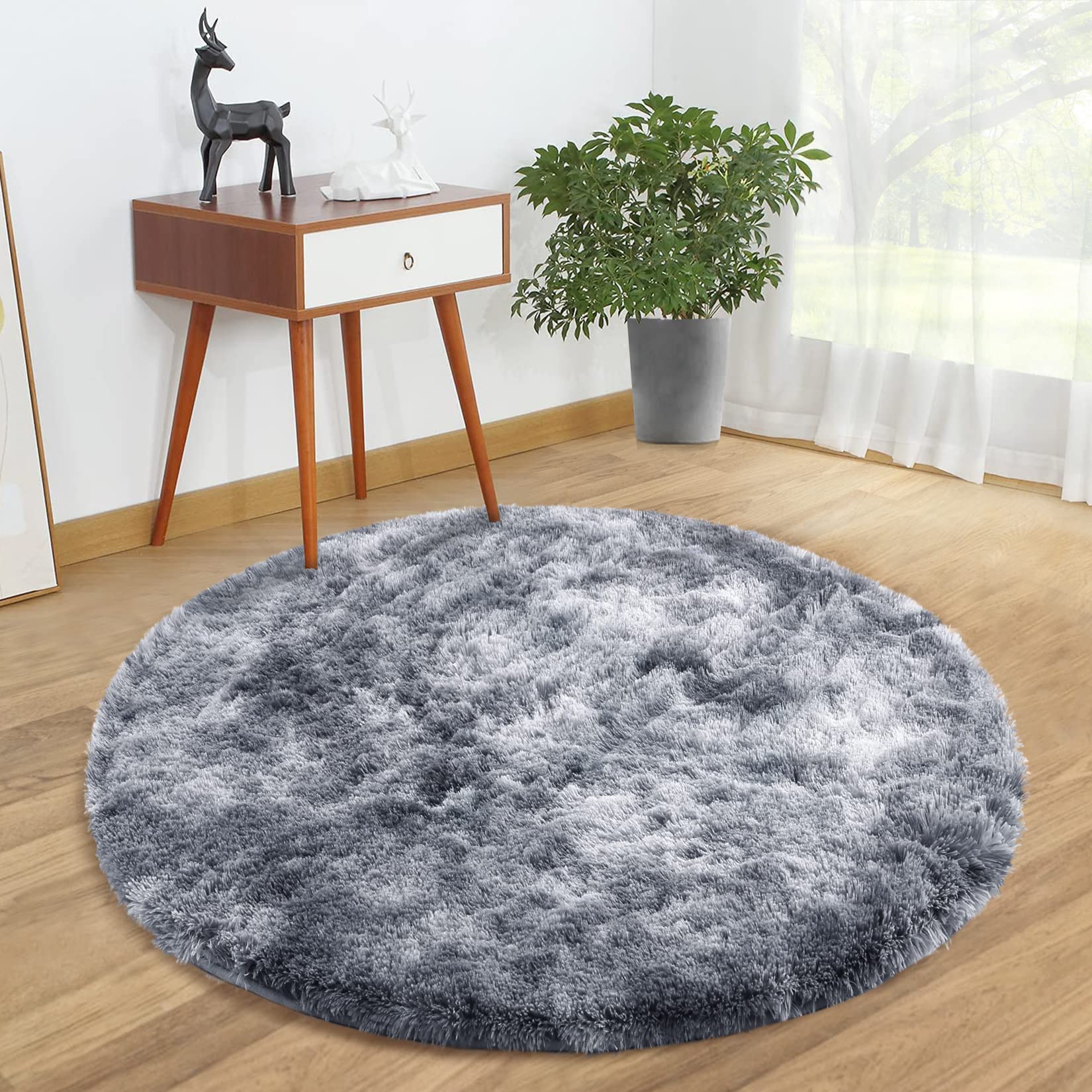 CAROMIO Tie-dyed Fluffy Dark Gray Round Rugs 4 feet Soft and Thick Faux ...