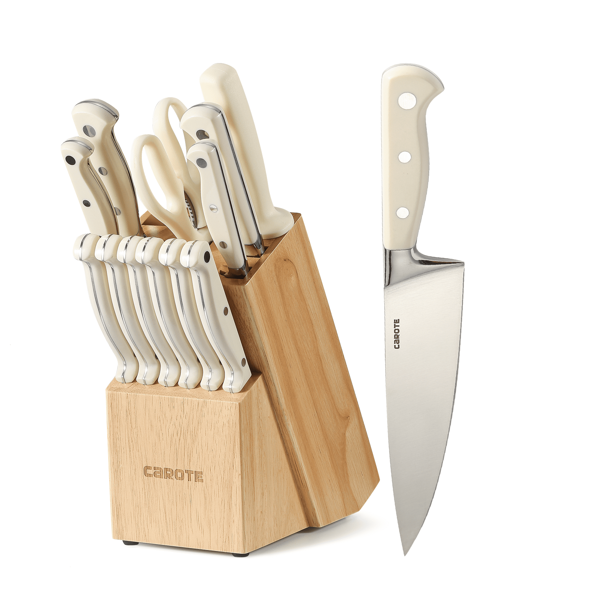 CAROTE 14 Pieces Knife Set with Wooden Block High Carbon Stainless ...