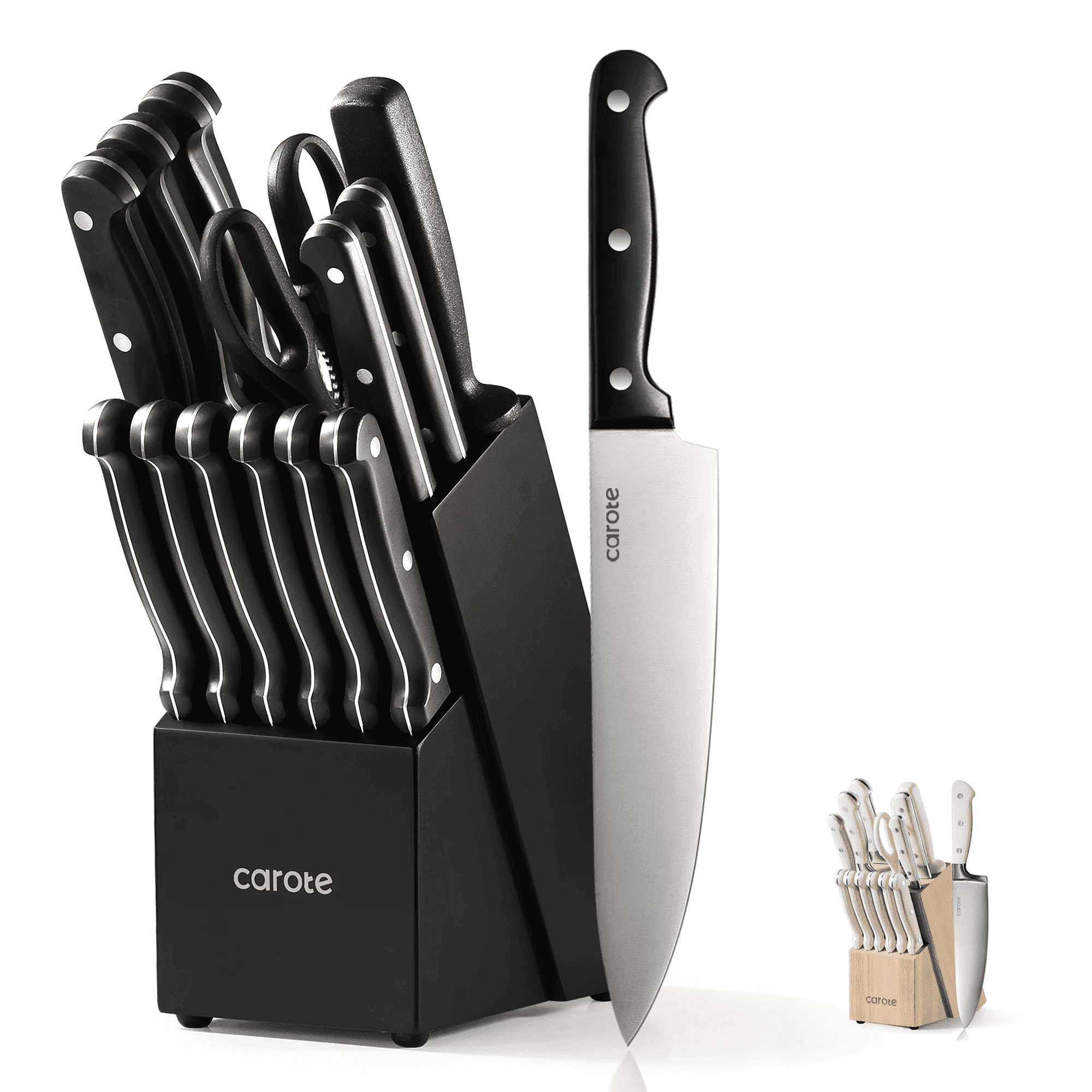 Carote 14 Pieces Knife Set with Wooden Block Stainless Steel Knives ...