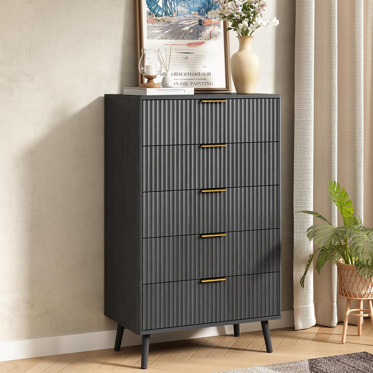 CARPETNAL Fluted 5 Drawers Dresser for Bedroom, 45”Tall Modern Chest of ...