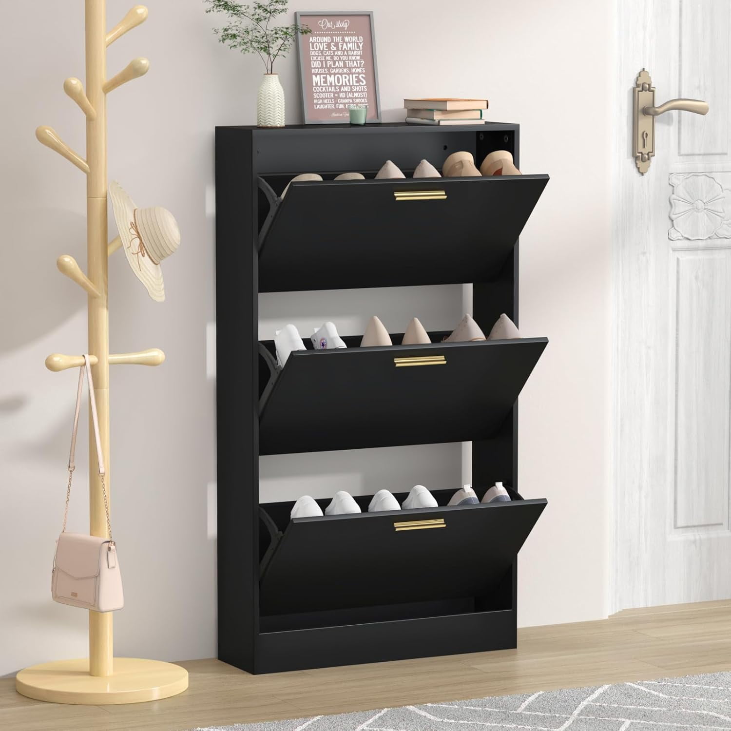 CARPETNAL Shoe Cabinet for Entryway Slim, Black Shoe Storage Cabinet ...