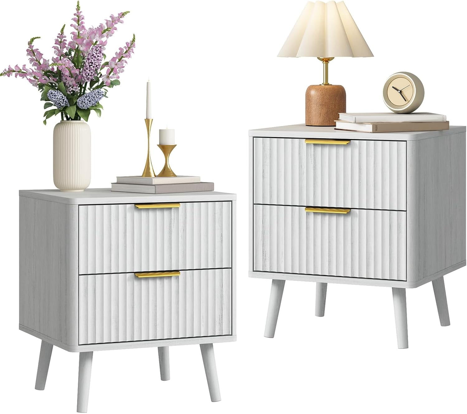 CARPETNAL White Fluted Nightstand with 2 Drawers, 18'' Wide Bedside ...