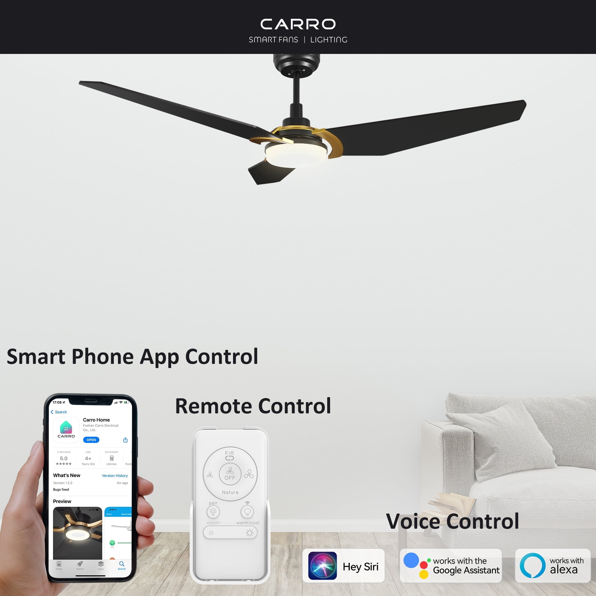 CARRO 52-inch Indoor/Outdoor Smart Ceiling Fan, Dimmable LED Light Kit ...