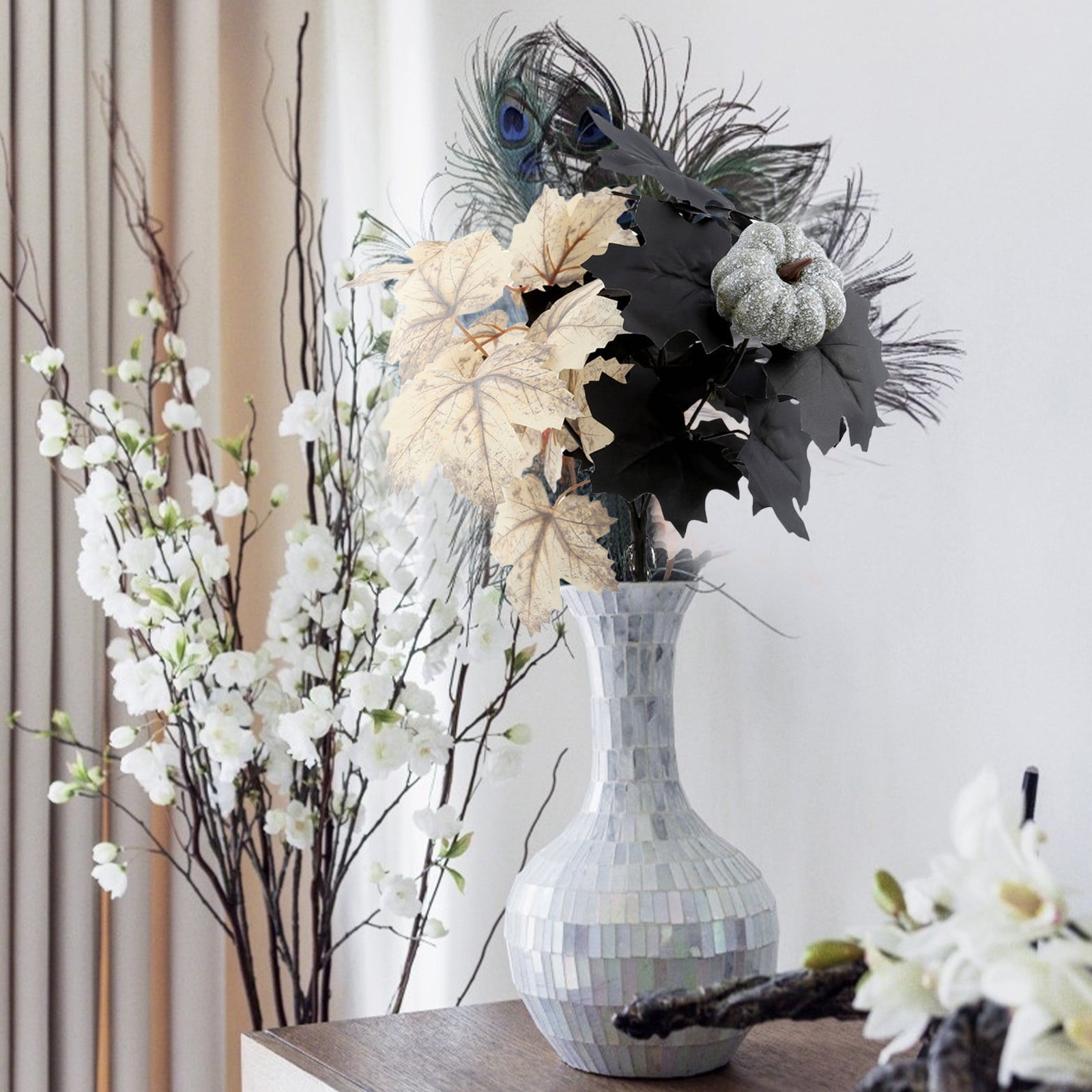 CARRYKING Artificial Fall Maple Leaf Stems, White Gray Pumpkin ...