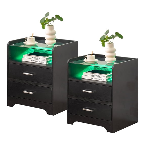 CARTMAN Modern LED Bedside Table with Glass Top-Drawers Open Storage ...
