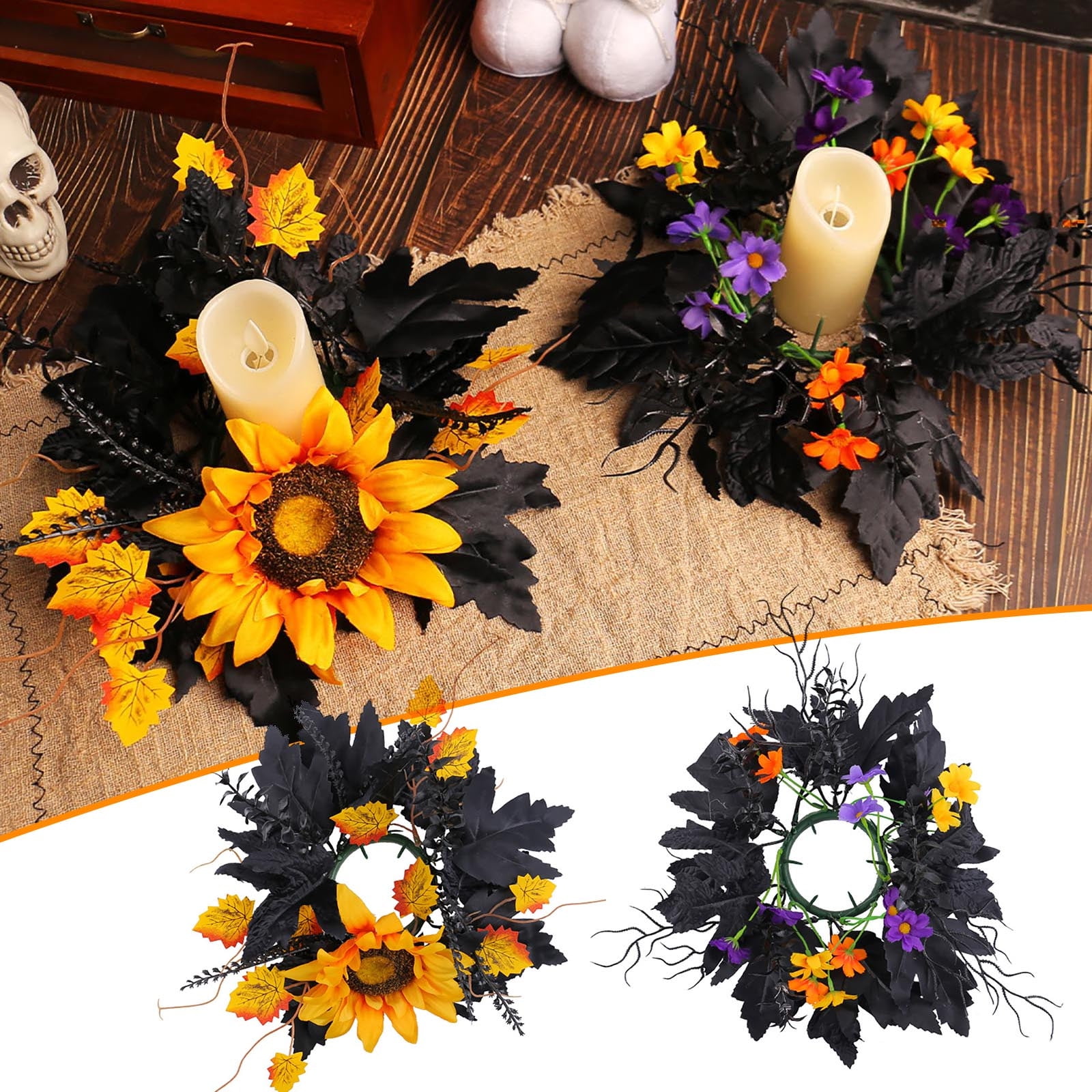 CASAFUN Fall Candle Rings Wreaths Candlestick, Artificial Pumpkin Maple ...