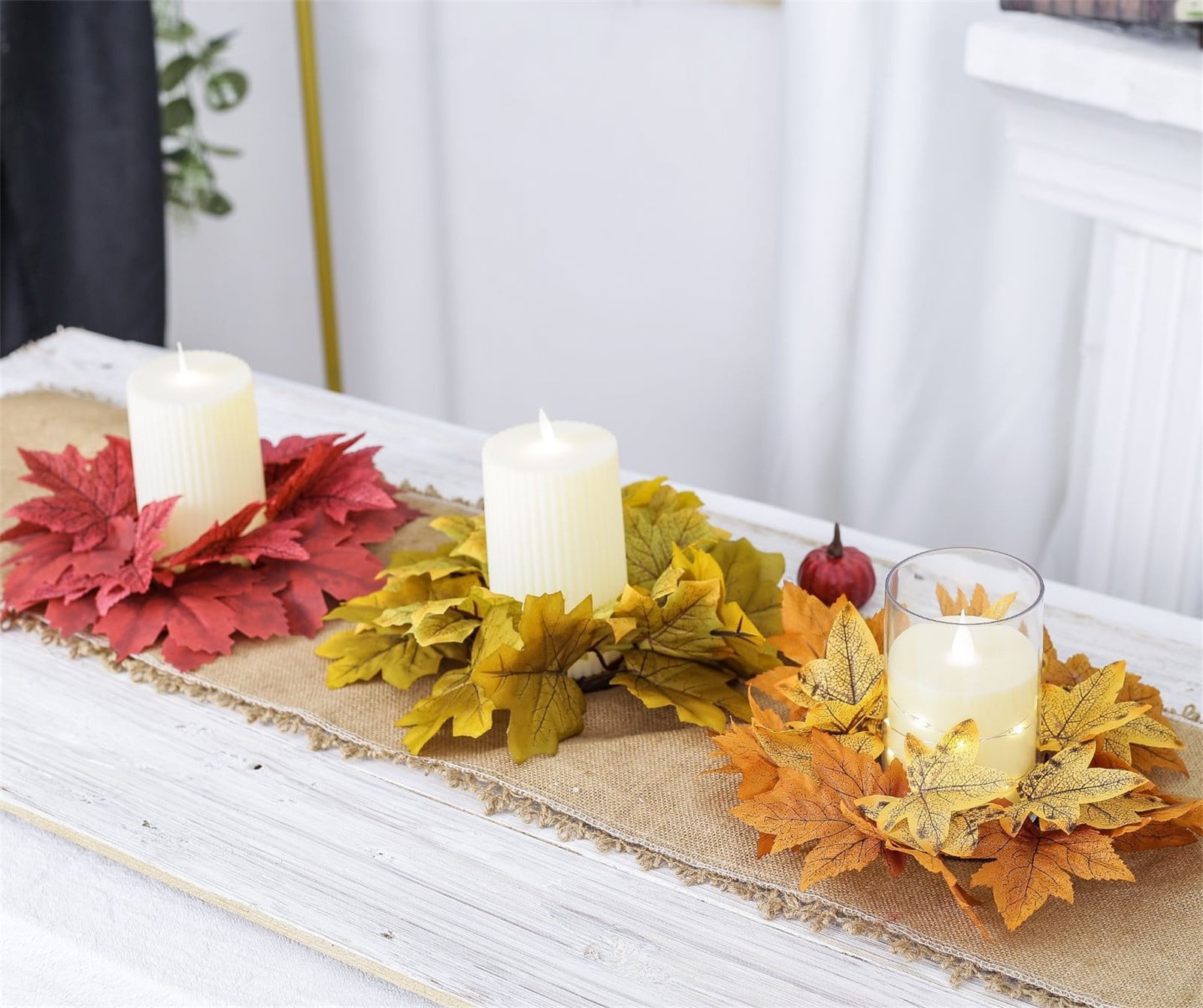 CASAFUN Fall Candle Rings Wreaths Candlestick, Artificial Pumpkin Maple ...