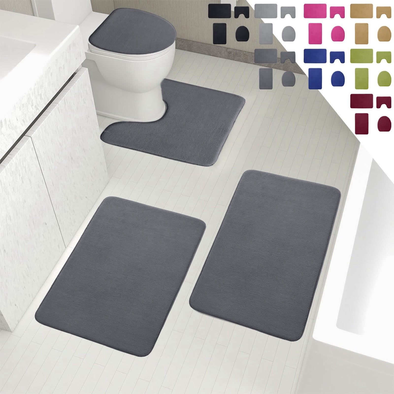CASAFUN Memory Foam Bath Mat Set 4Pc Super Absorbent Quick Dry Toilet ...