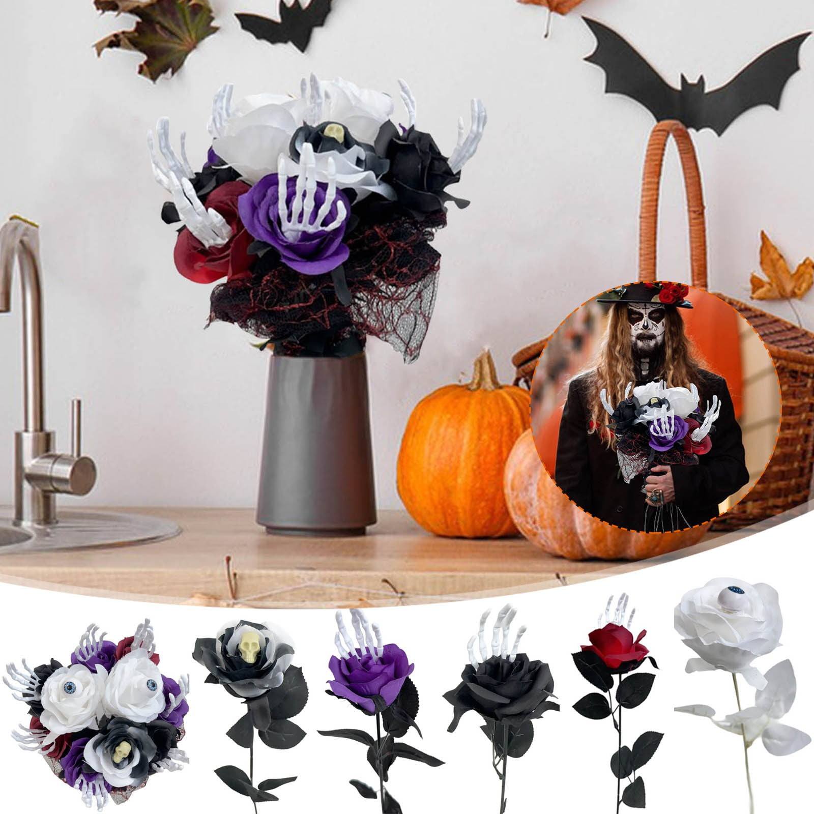 CASAFUN Spooky Haunted House Artificial Gothic Black Roses with Monster ...