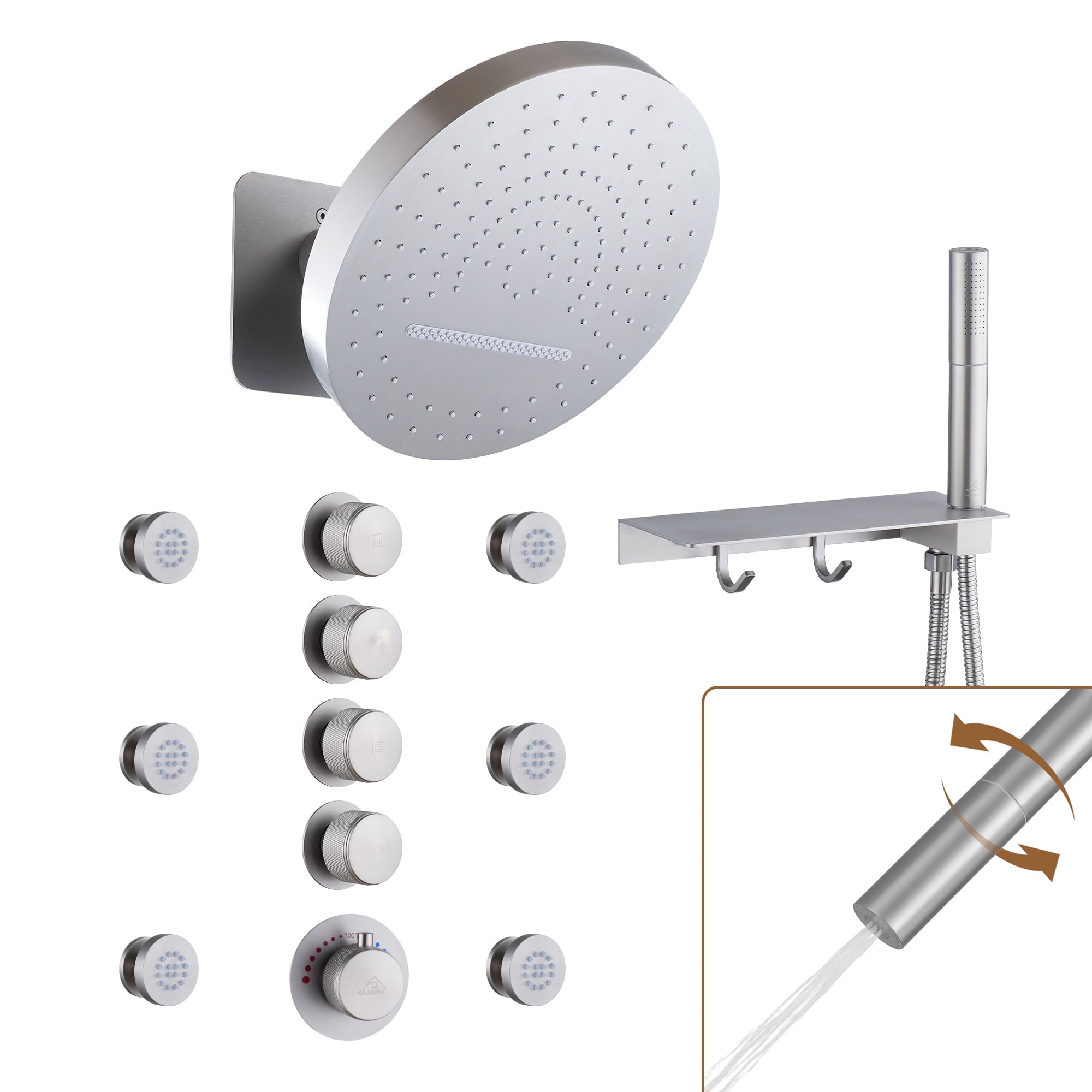 CASAINC 12.6 in. Wall Mounted Round Shower Heads 4-Spray Shower Faucet ...