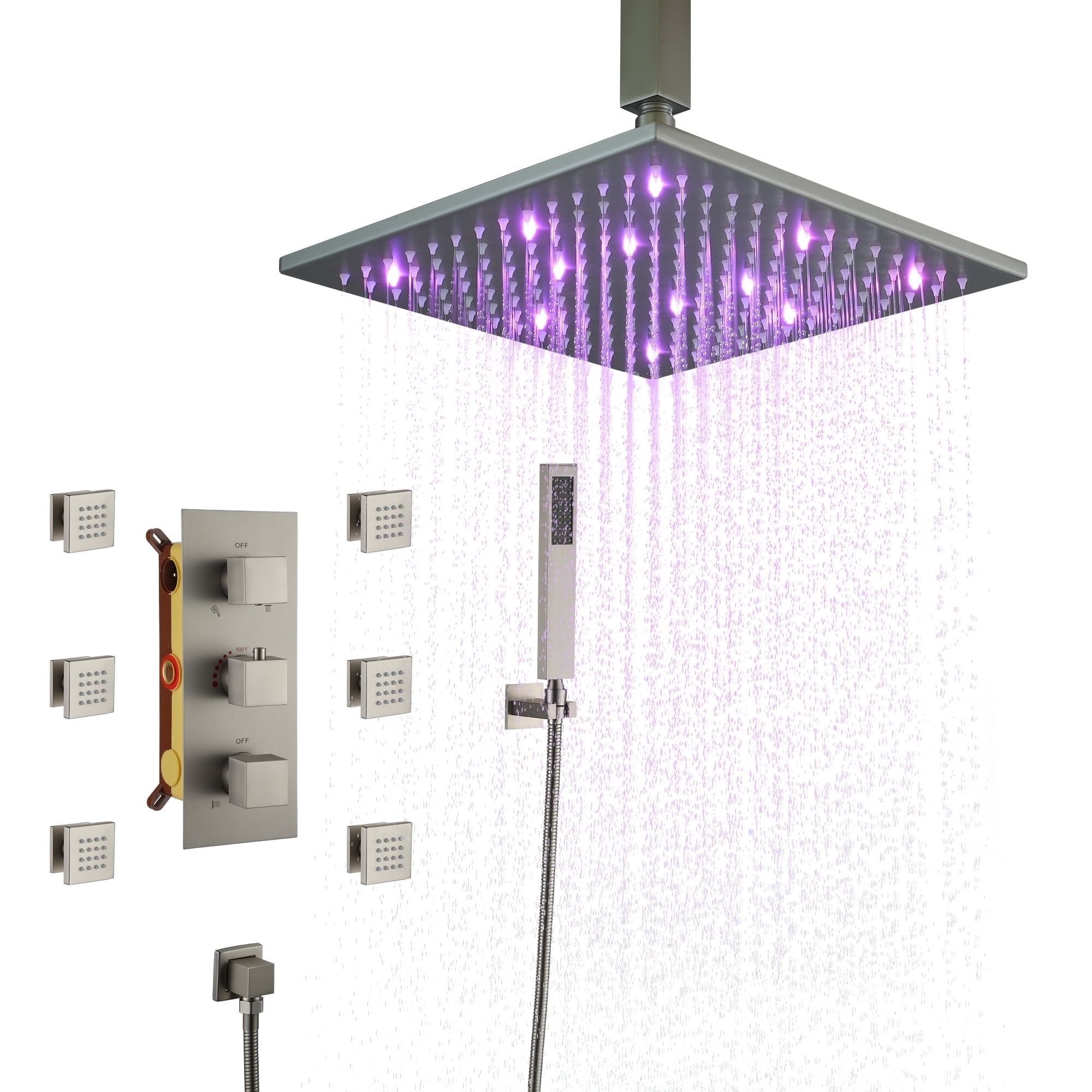 CASAINC 6-Spray 12 in. LED Thermostatic Dual Shower Heads Ceiling Mount ...