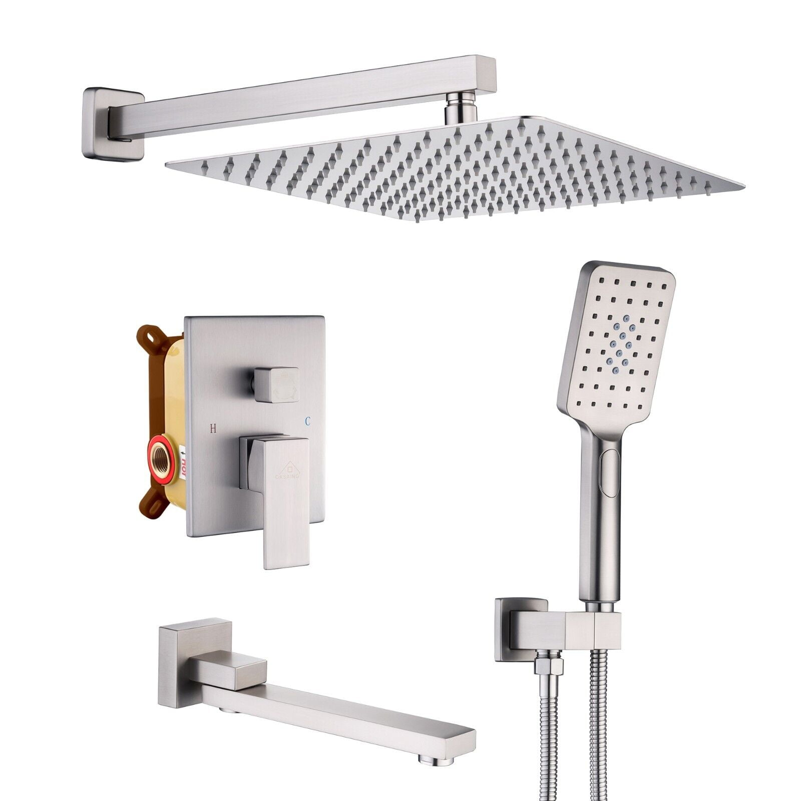 CASAINC Brushed Nickel Dual Head Waterfall Shower Bar System with 3-way ...