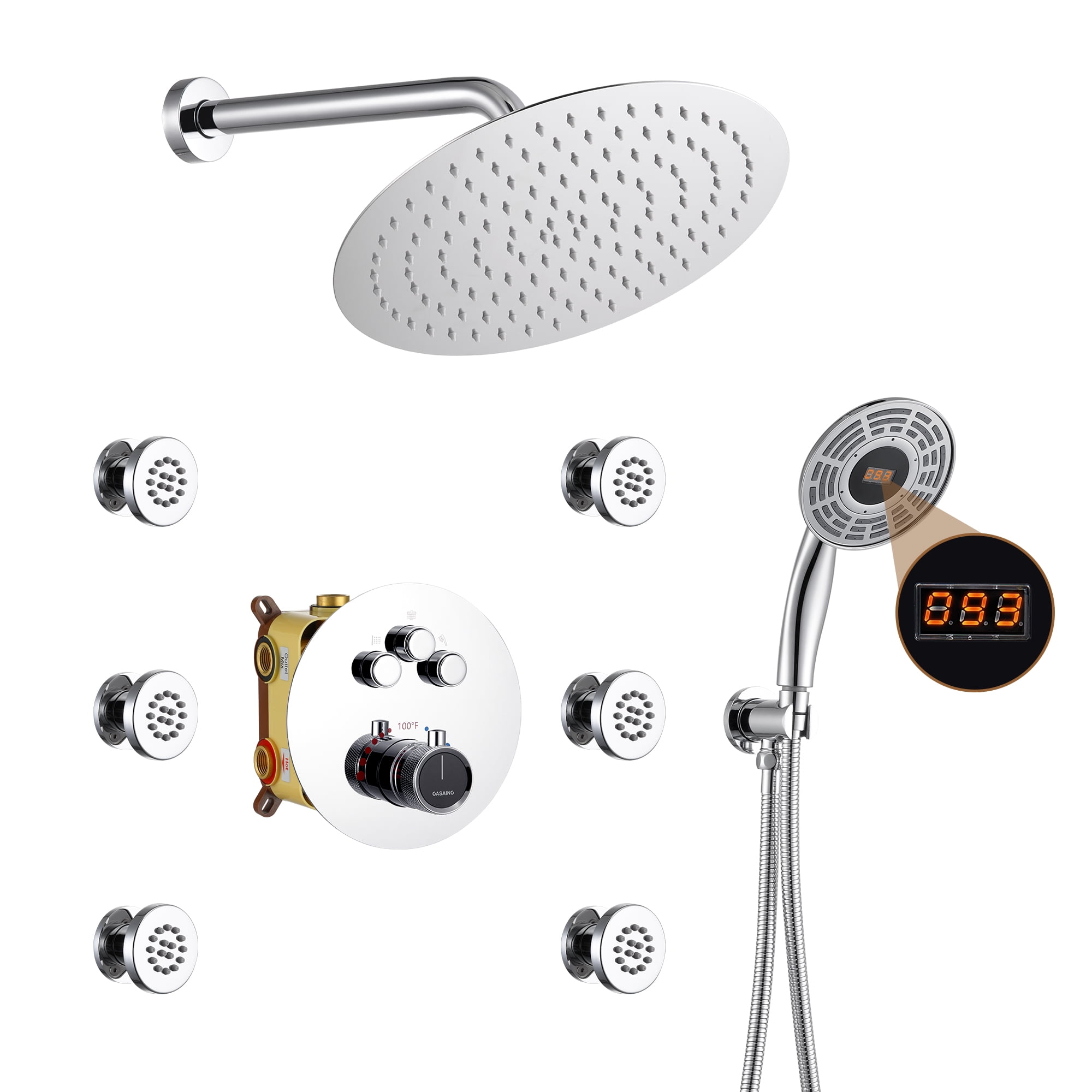 CASAINC Wall Mounted Round Shower Heads 3-Function Luxury Thermostatic ...