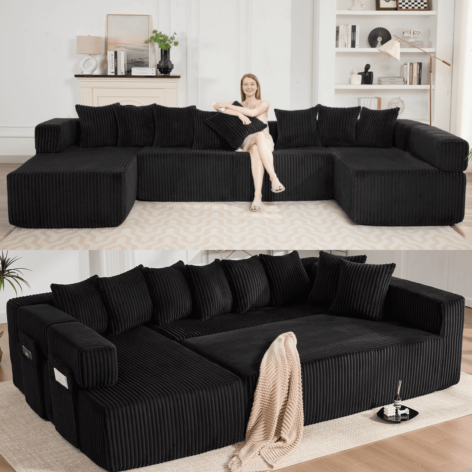 CASAROUND 146" U Shaped Sectional Couch, 5 Seater Convertible Sleeper ...