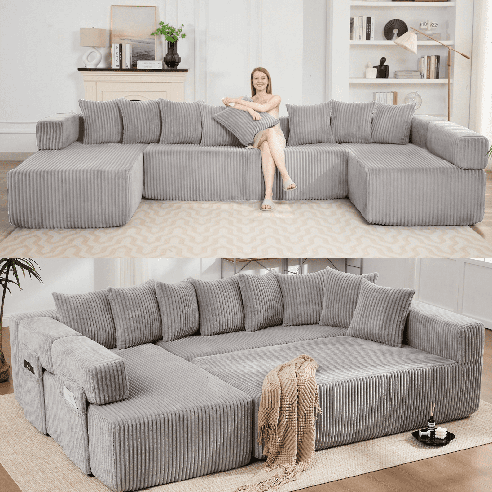 CASAROUND 146" U Shaped Sectional Couch, 5 Seater Convertible Sleeper ...