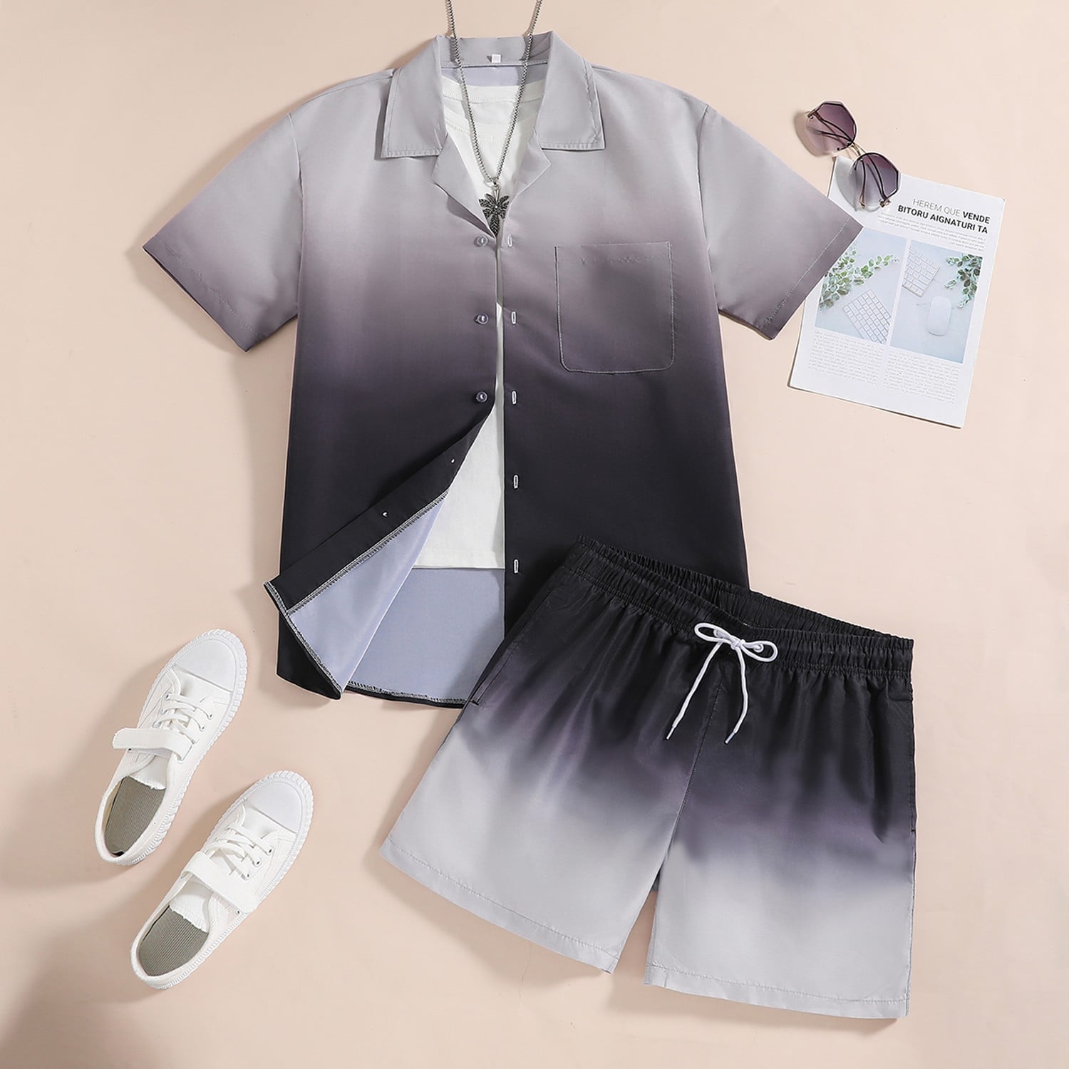 CASELAND Men's 2 Pieces Summer Outfits Casual Gradient Lapel Short ...