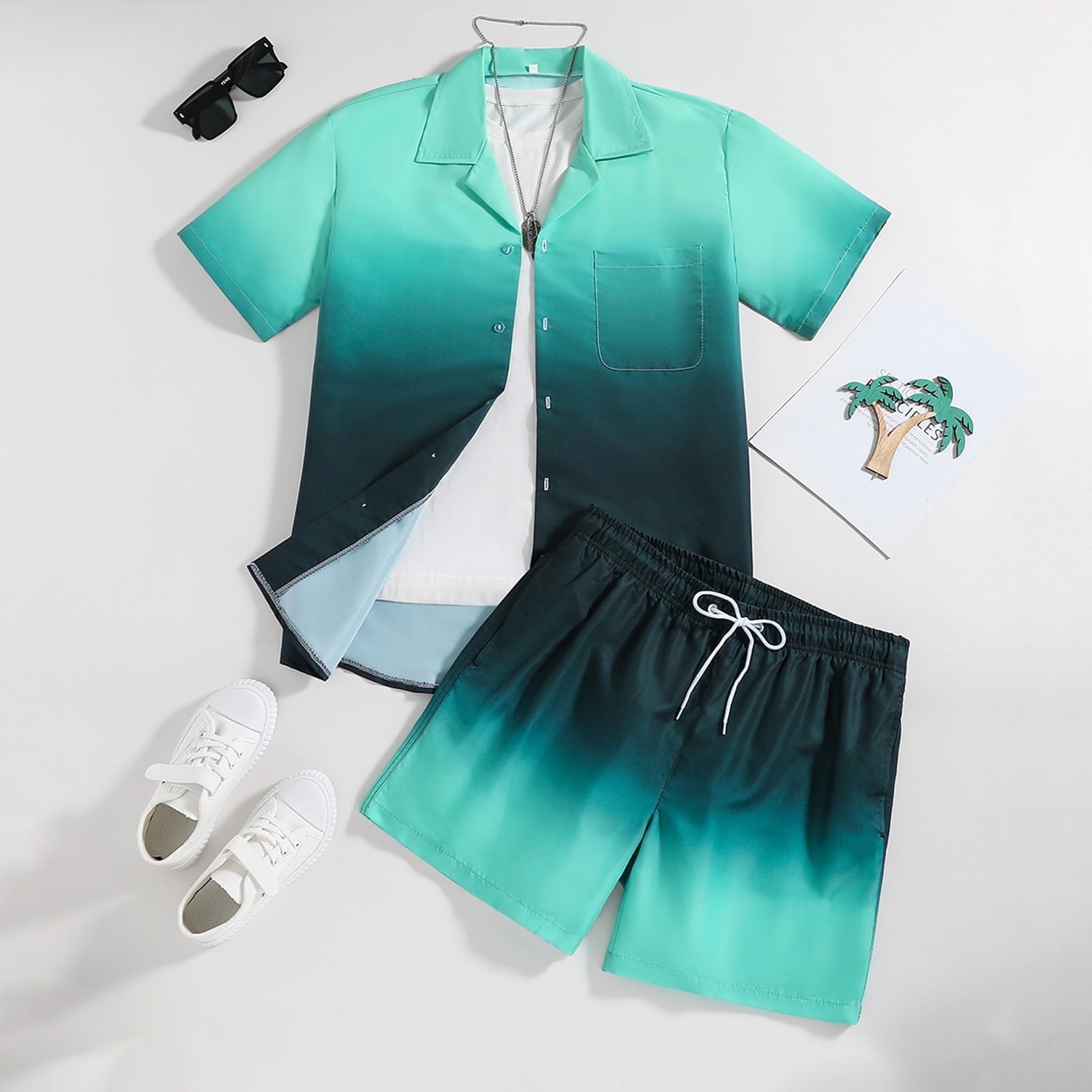 CASELAND Men's 2 Pieces Summer Outfits Casual Gradient Lapel Short Sleeve Button Up Shirt ...