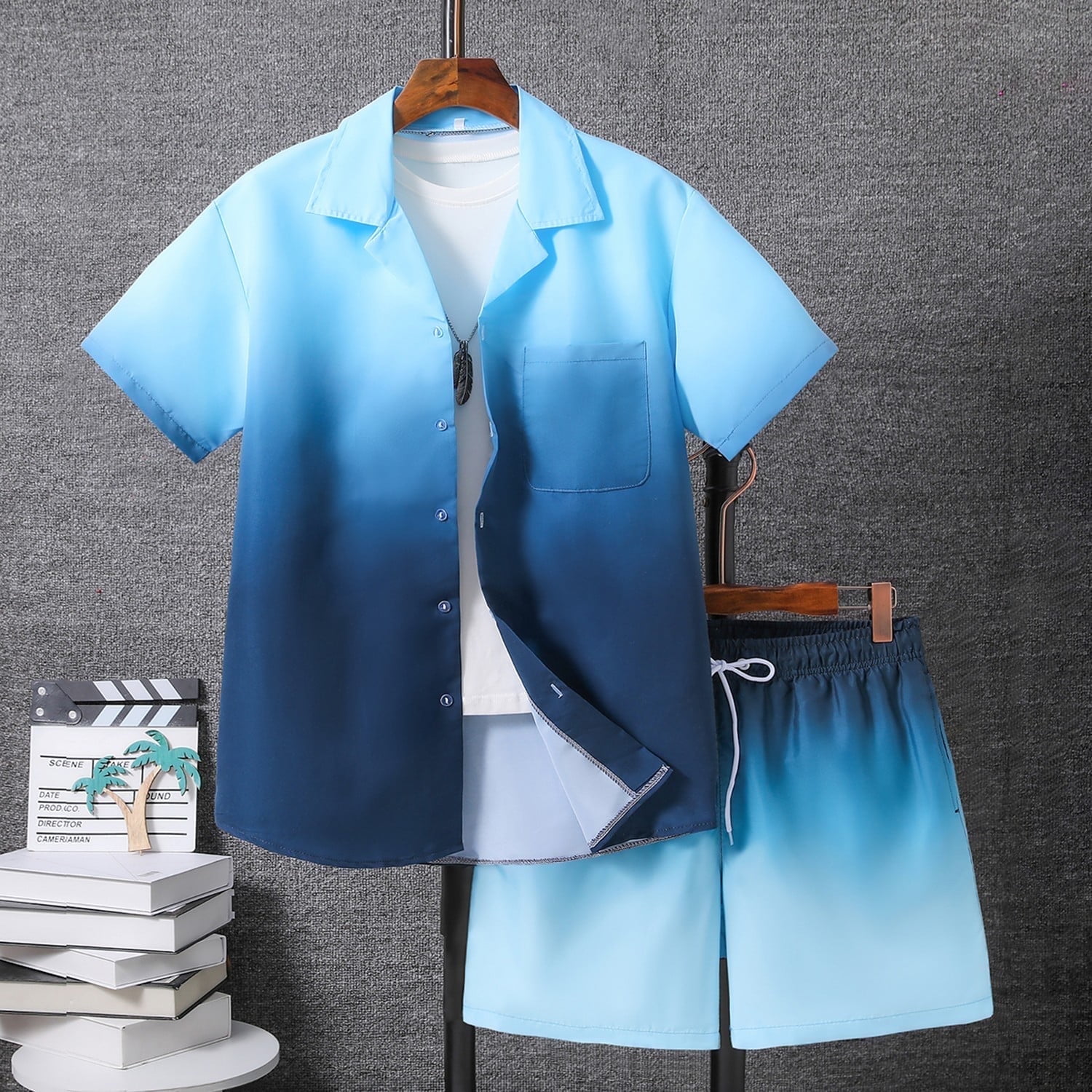 CASELAND Men's 2 Pieces Summer Outfits Casual Gradient Lapel Short Sleeve Button Up Shirt ...