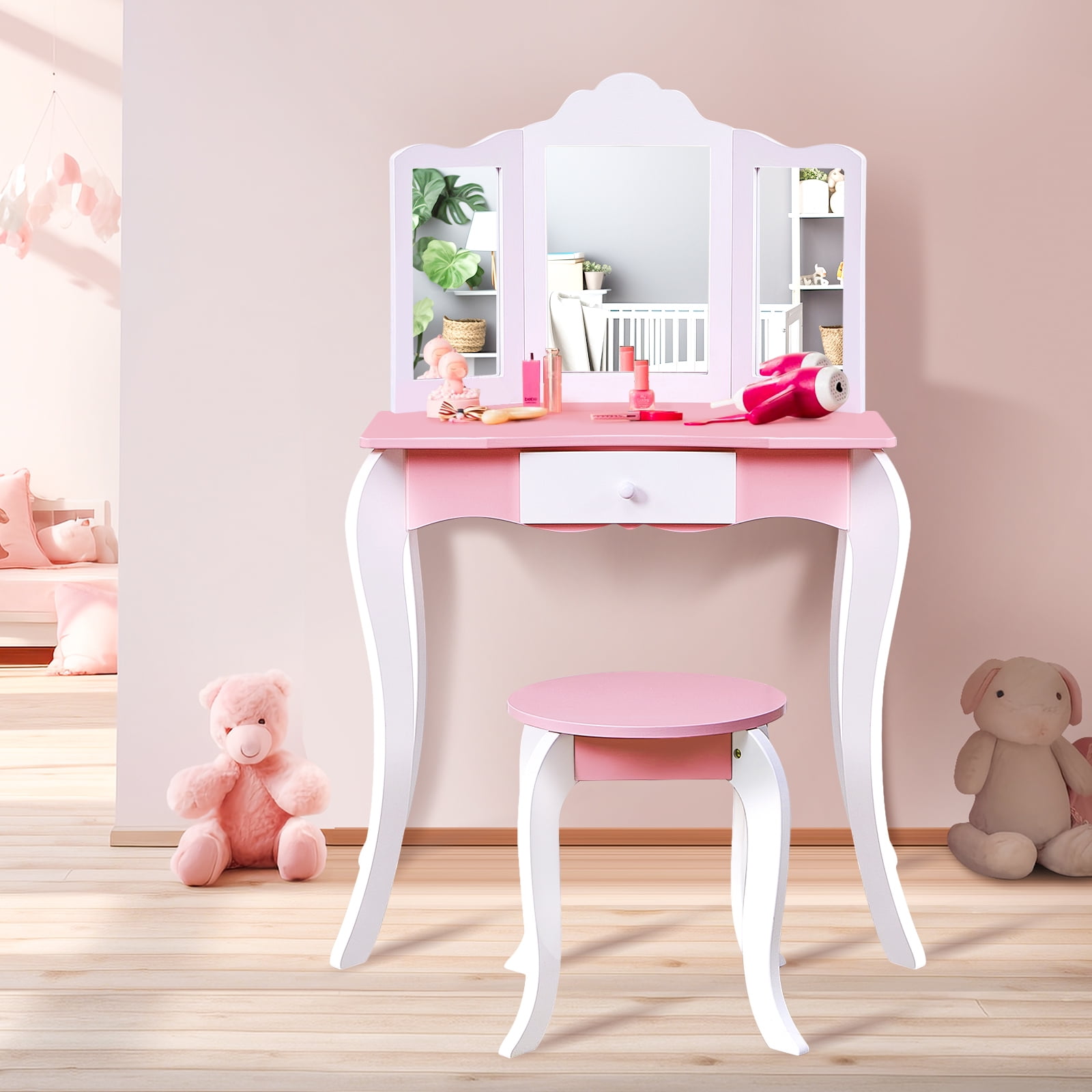 CASEMIOL Princess Vanity Set for Kids w/ Detachable Mirror, Stool ...