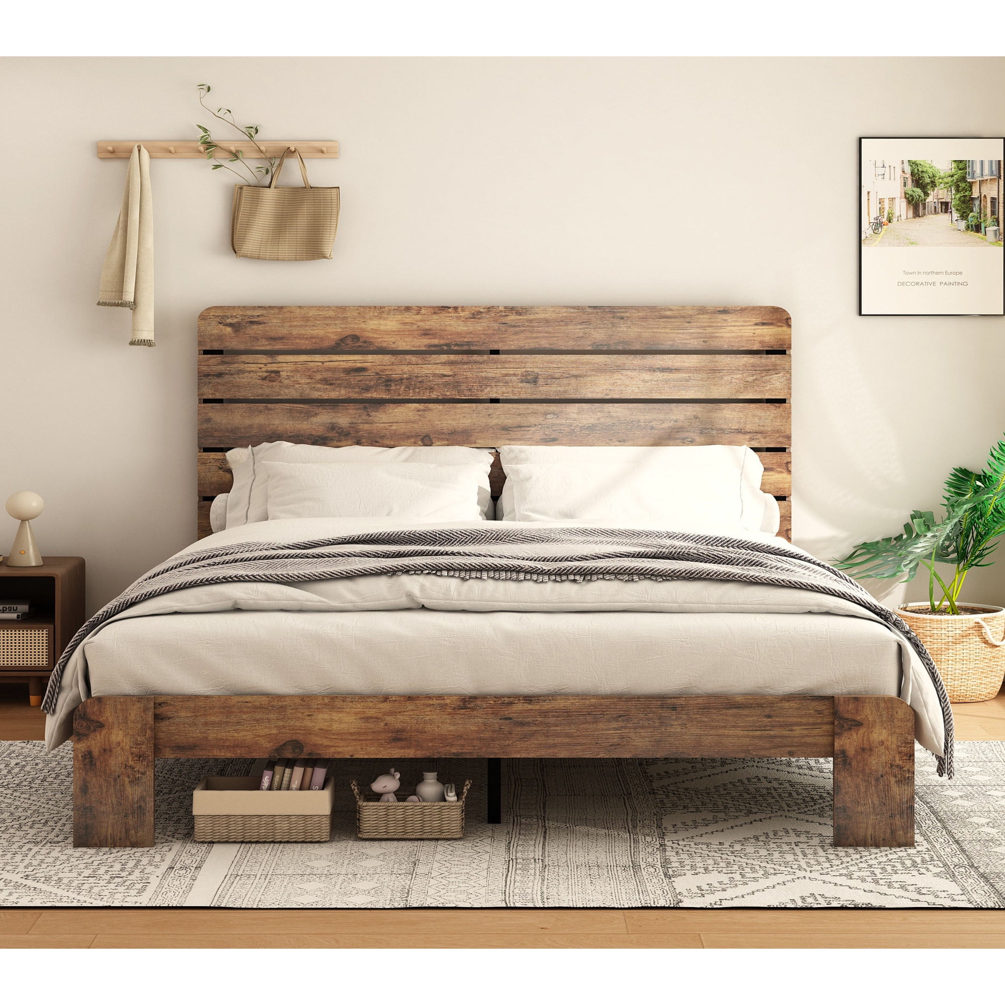 CASEMIOL Queen Wood Bed Frame, with Headboard and Footboard, Under Bed ...