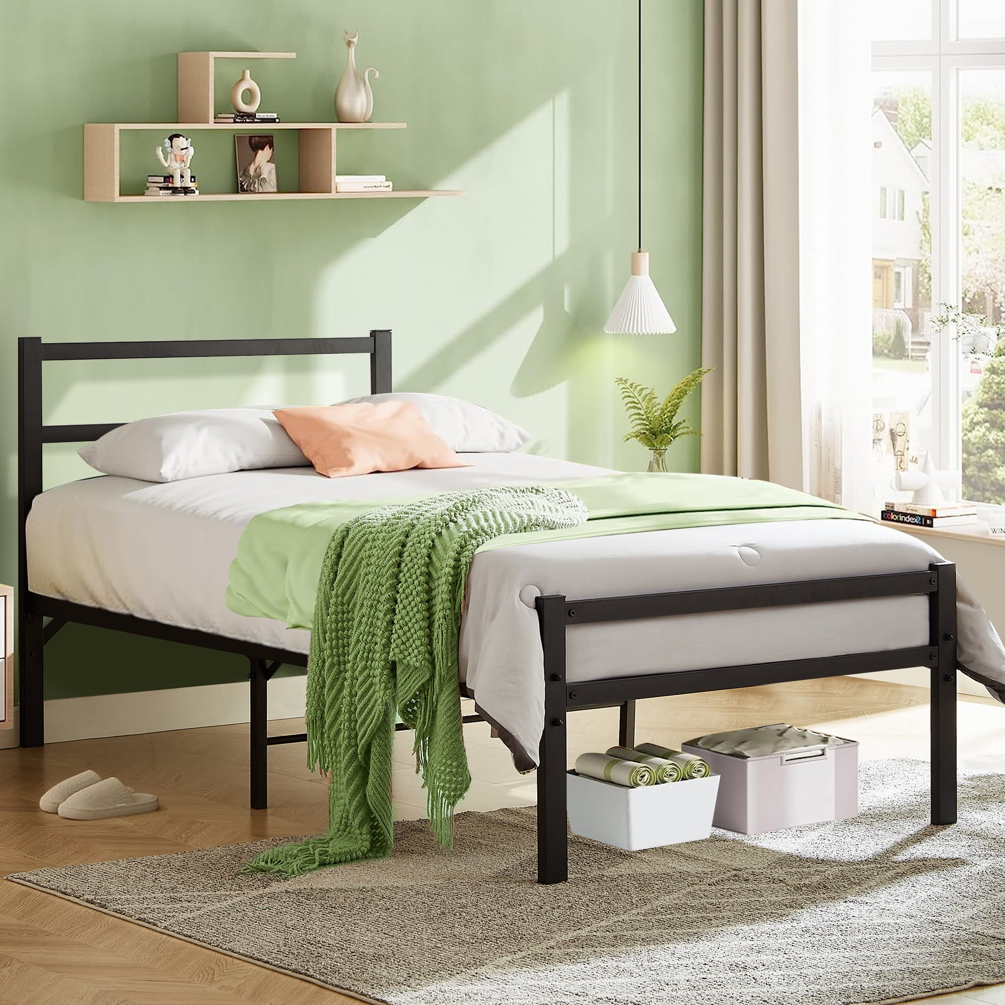 CASEMIOL Twin Metal Bed Frame w/ High Headboard, Storage, Heavy-Duty ...