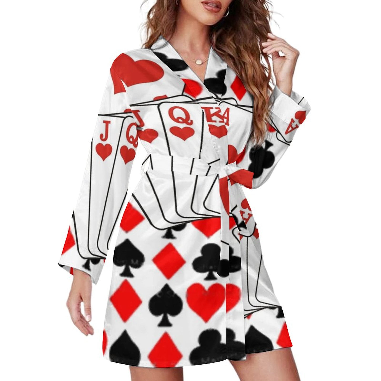 CASINO NIGHTS RED HEARTS FLUSH Night Robe Long Sleeve V Neck Robe With ...