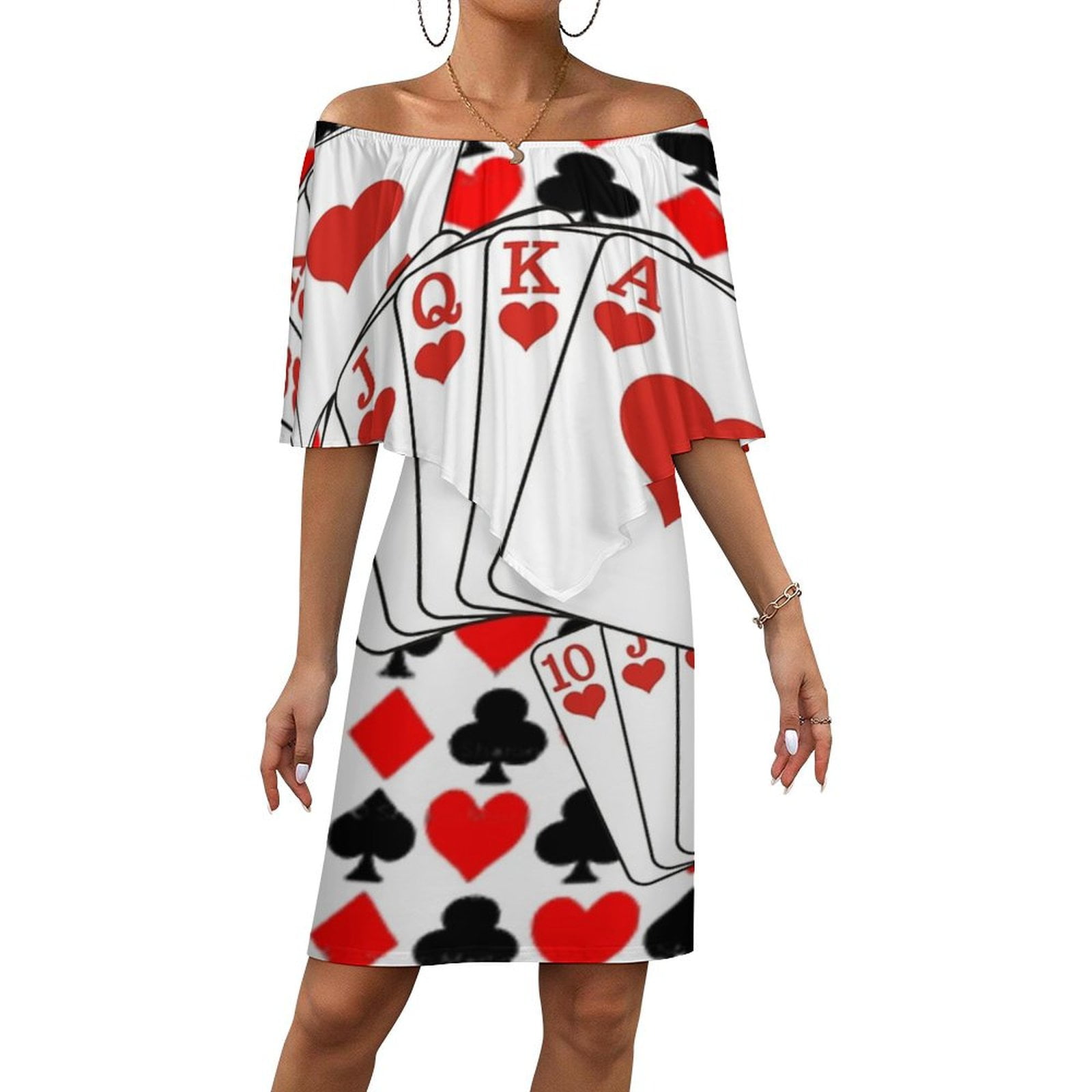 CASINO NIGHTS RED HEARTS FLUSH Women's Off The Shoulder Ruffles Summer ...