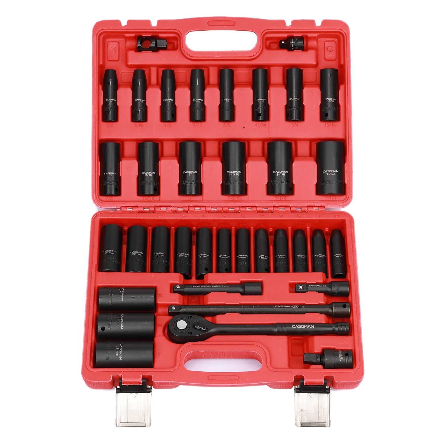 CASOMAN 1/2" Drive Master Socket Set, 36 Pc SAE/Metric, w/ Extension ...