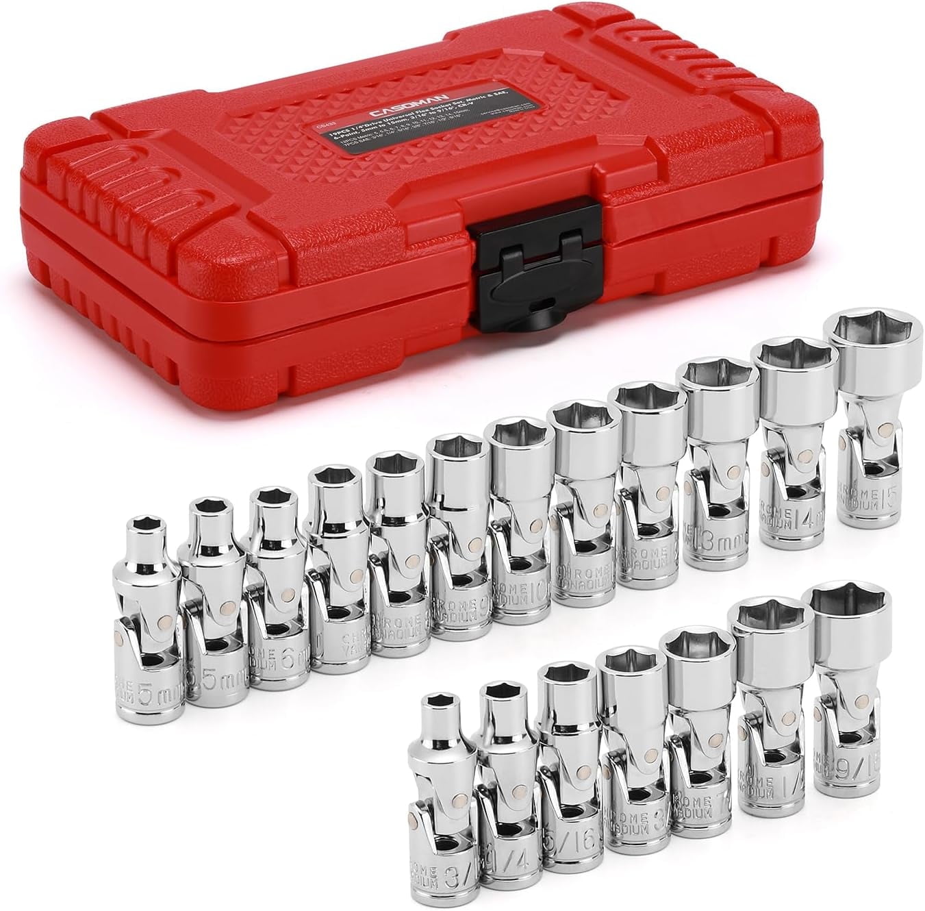 CASOMAN 19PCS 1/4" Drive Universal Joint Socket Set, Metric(5mm to 15mm) & SAE(3/16" to 9/16 ...