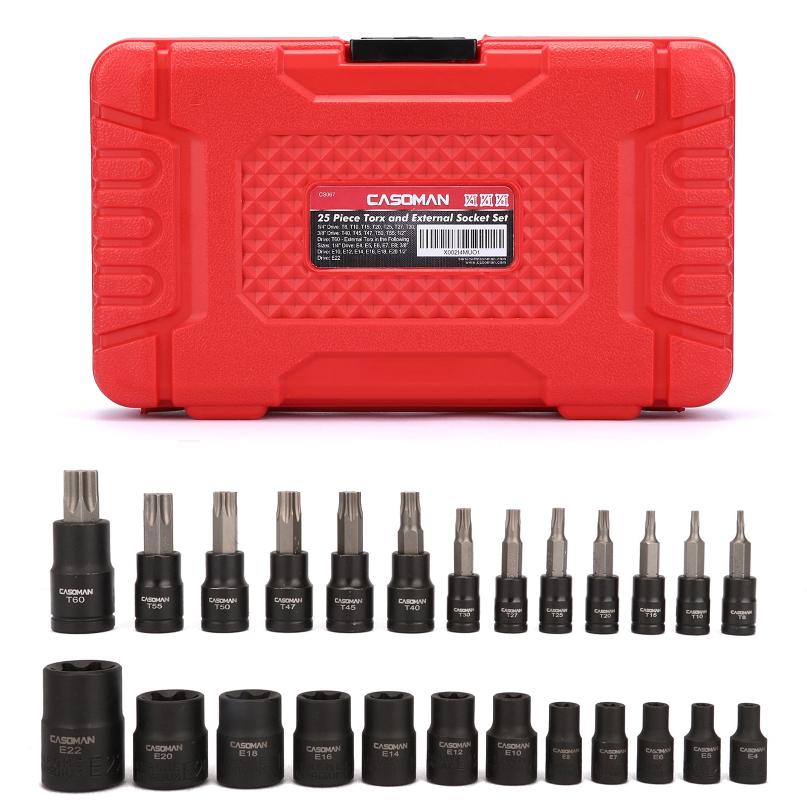 CASOMAN 25pc Torx Bit Socket Set, 13 Star Bits (T8-T60) & 12 E-Torx ...