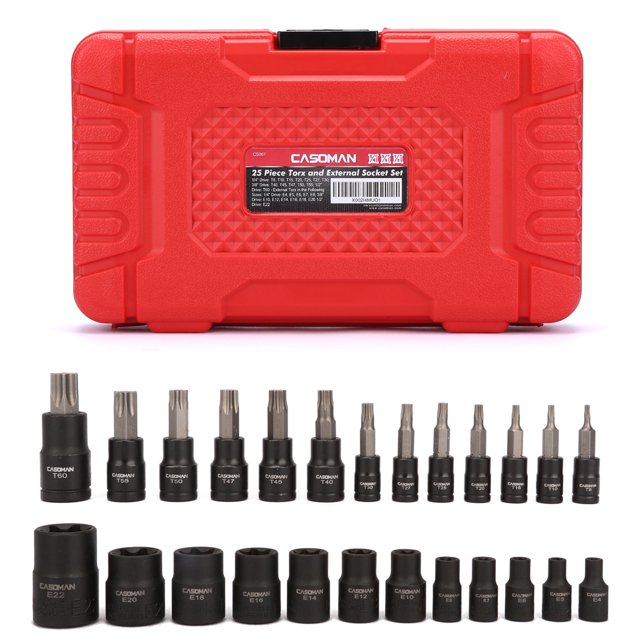 CASOMAN 25pc Torx Bit Socket Set, 13 Star Bits (T8-T60) & 12 E-Torx Sockets (E4-E22), Chrome ...