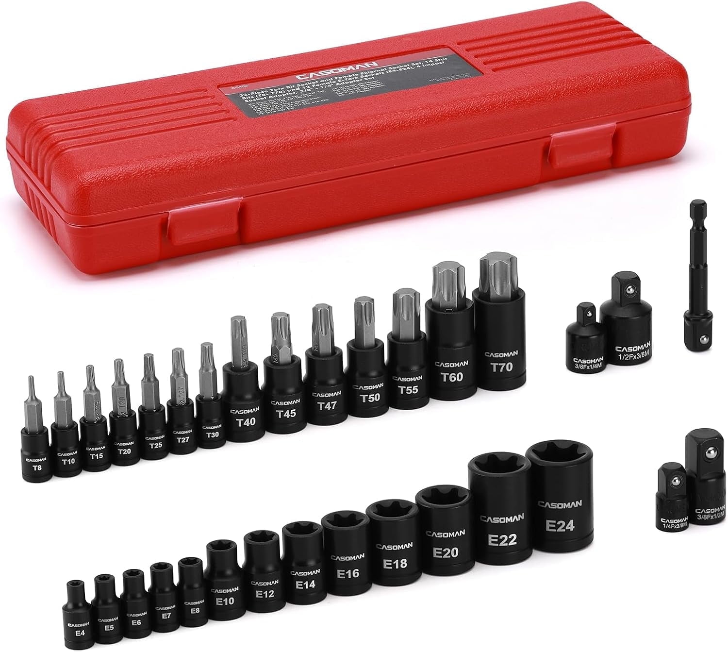 CASOMAN 32-Piece Torx Bit Socket and Female External Socket Set, 14 Star Bits (T8- T70) and 13 ...