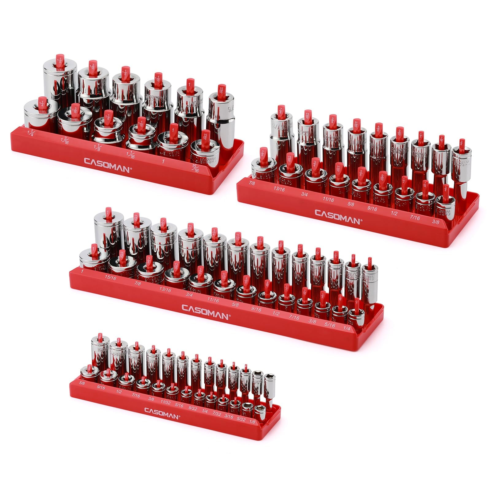 CASOMAN 4PCS Socket Tray Set, SAE, 1/2" & 3/8" & 1/4"Drive, Red Socket ...