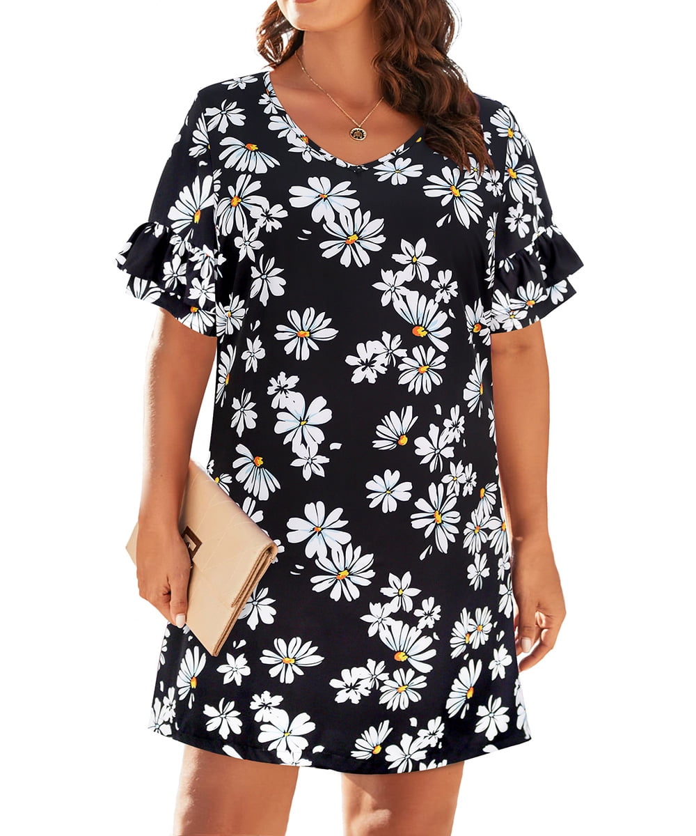 CASSIE LIZ Ladies Plus Size Dress 4X Daisy Print Pocket Flutter Trim ...