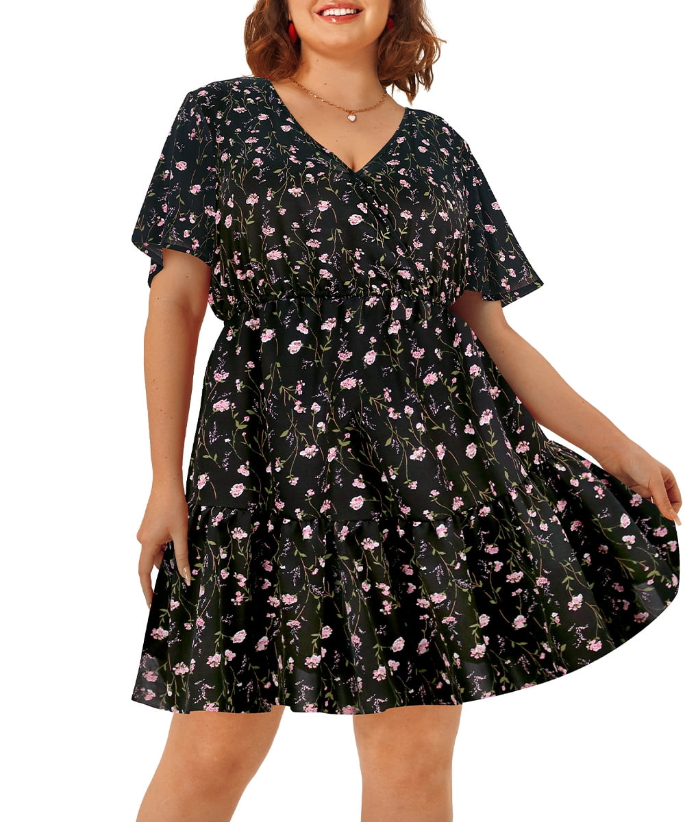CASSIE LIZ Ladies Plus Size Dress 4X Floral Tunic Dress Black V Neck ...