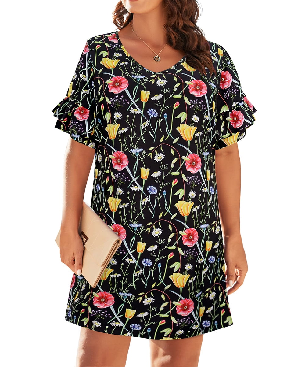 CASSIE LIZ Ladies Plus Size Dress 4X Flowers Print Pocket Flutter Trim ...