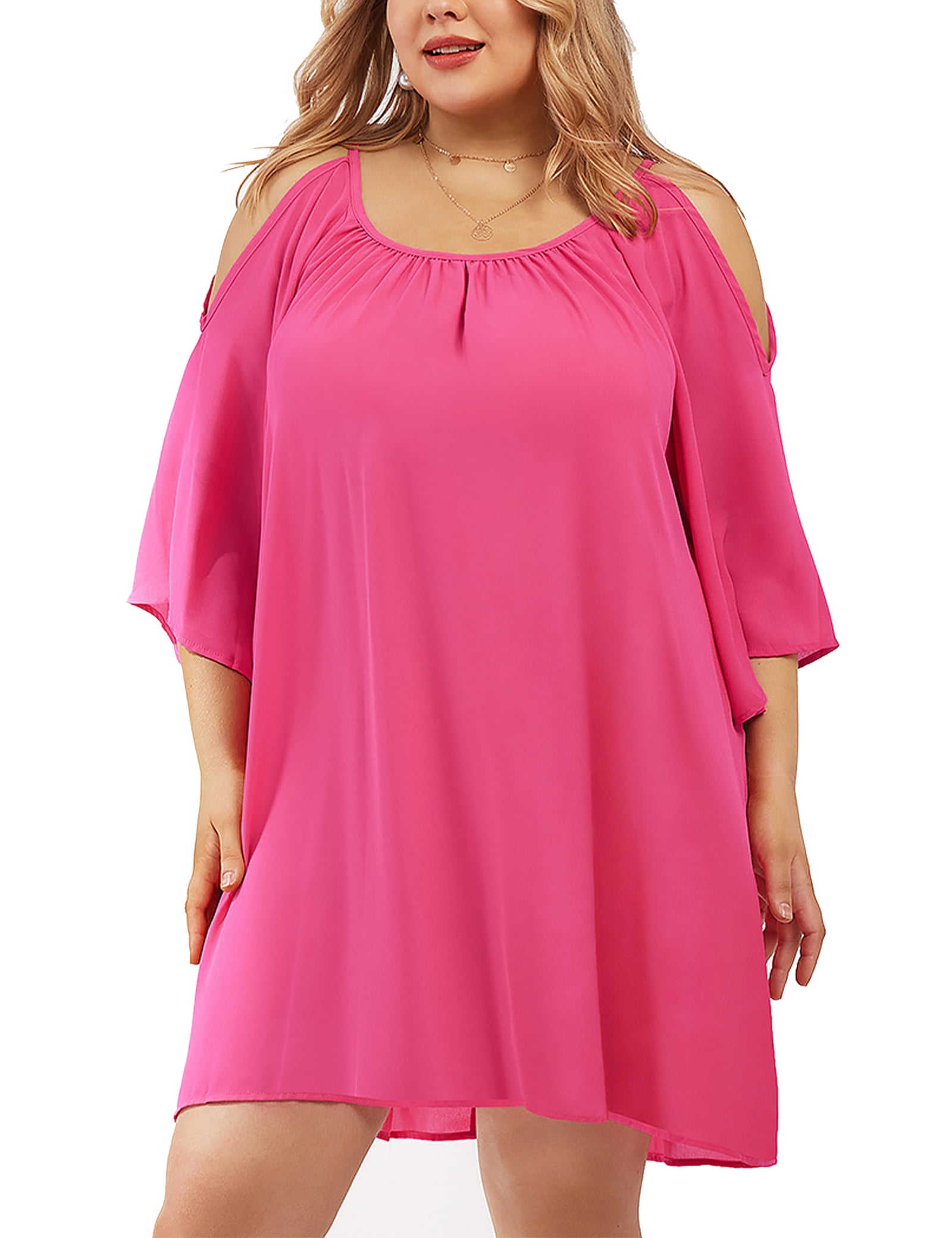CASSIE LIZ Ladies Plus Size Dress 4X Solid Split Sleeves Dress Hot Pink ...