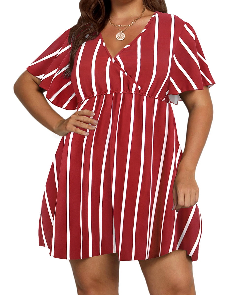 CASSIE LIZ Ladies Plus Size Dress 4X White Striped Dress Wine Red ...