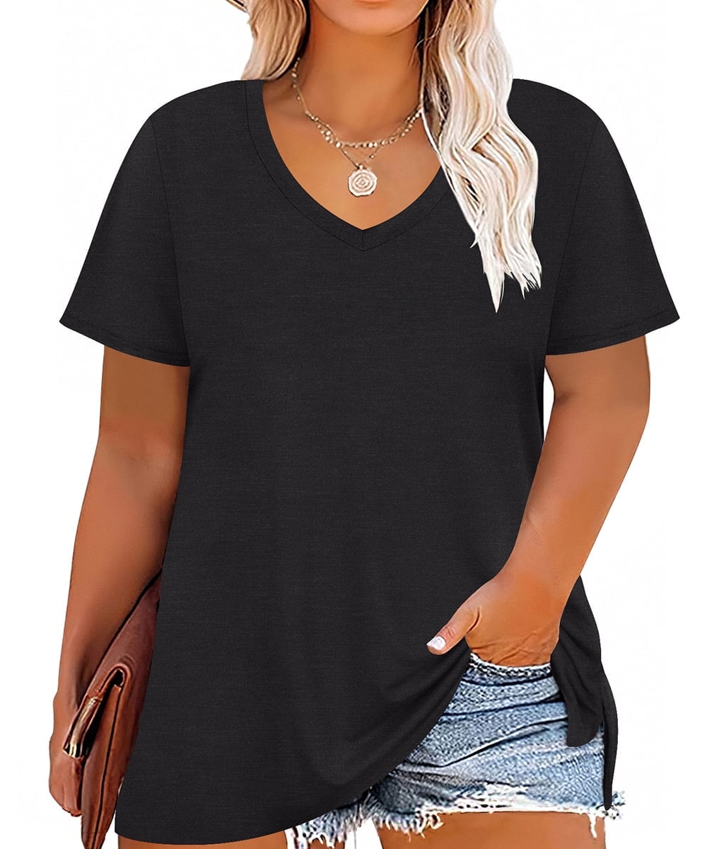 CASSIE LIZ Ladies Plus Size Tops Plain V Neck Blouses Short Sleeve 4X ...