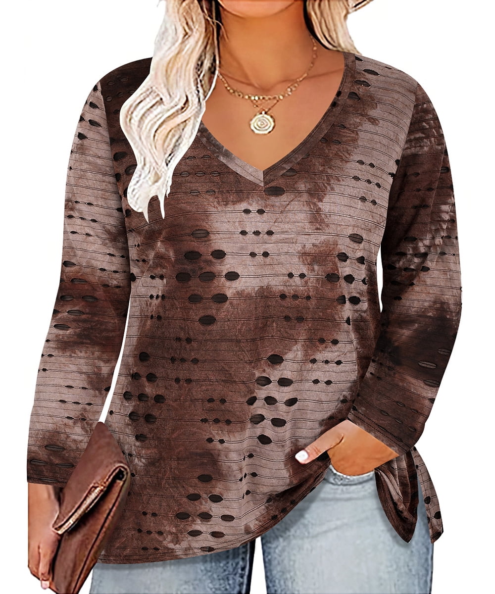 CASSIE LIZ Plus Size 4x Tops for Women Khaki Tie Dye Ripped Long Sleeve ...