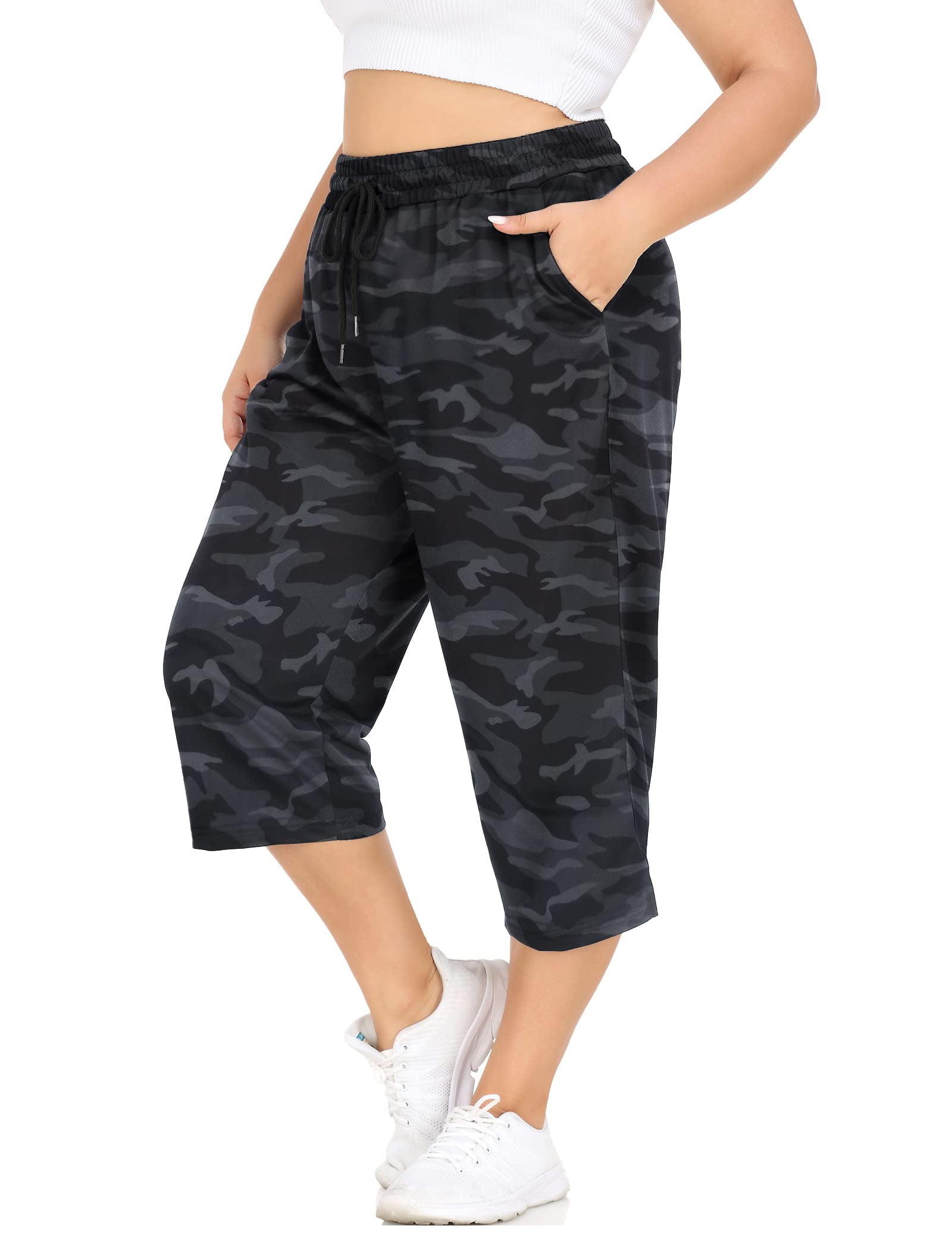 CASSIE LIZ Plus Size Drawstring Capri Pants for Women Gray Camo Lounge ...