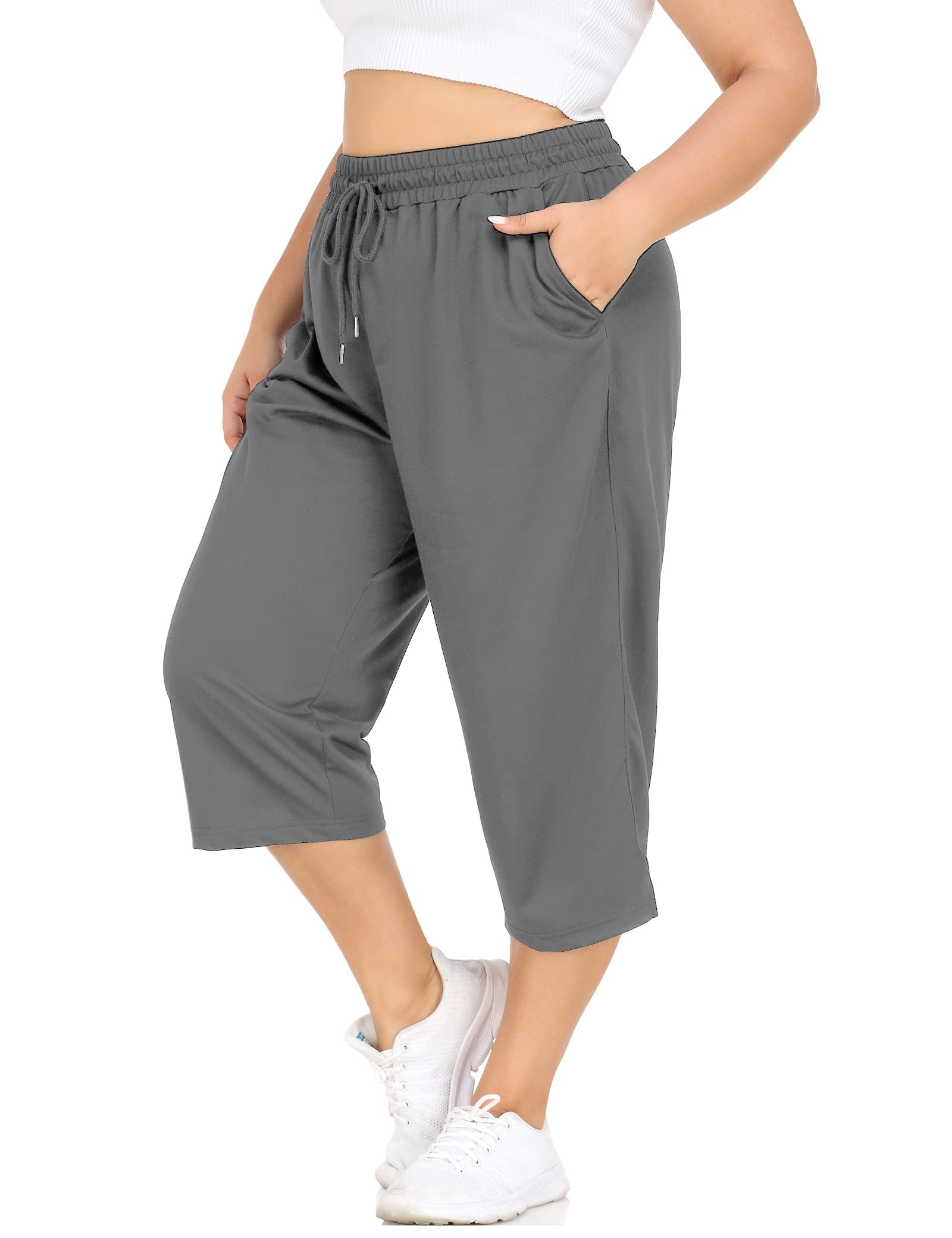 CASSIE LIZ Plus Size Drawstring Capri Pants for Women Heather Gray Lounge Casual Elastic Waist ...