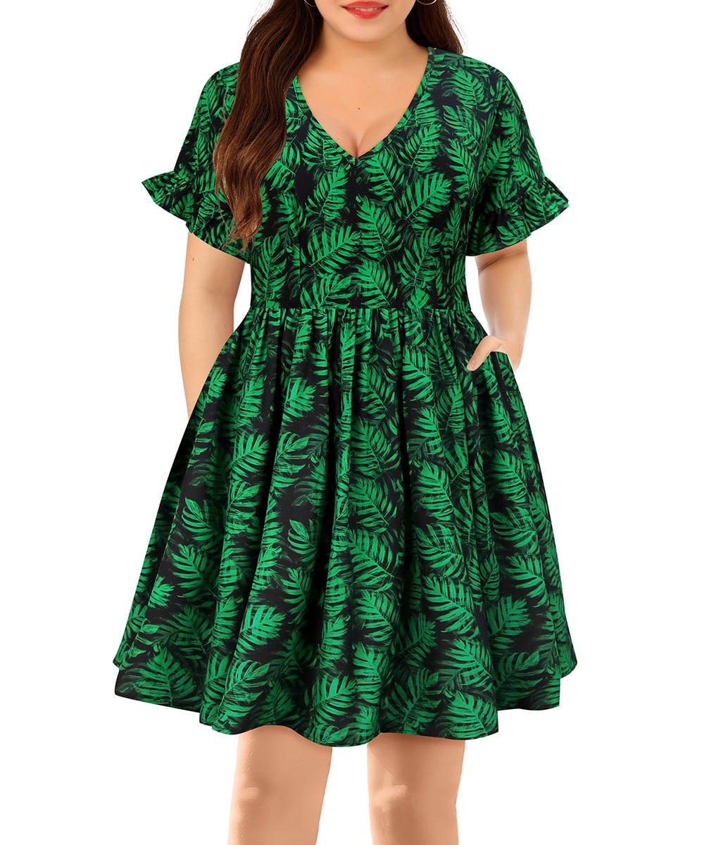 CASSIE LIZ Plus Size Dress For Women 5X Leaf Print Pocket V Neck Dress ...