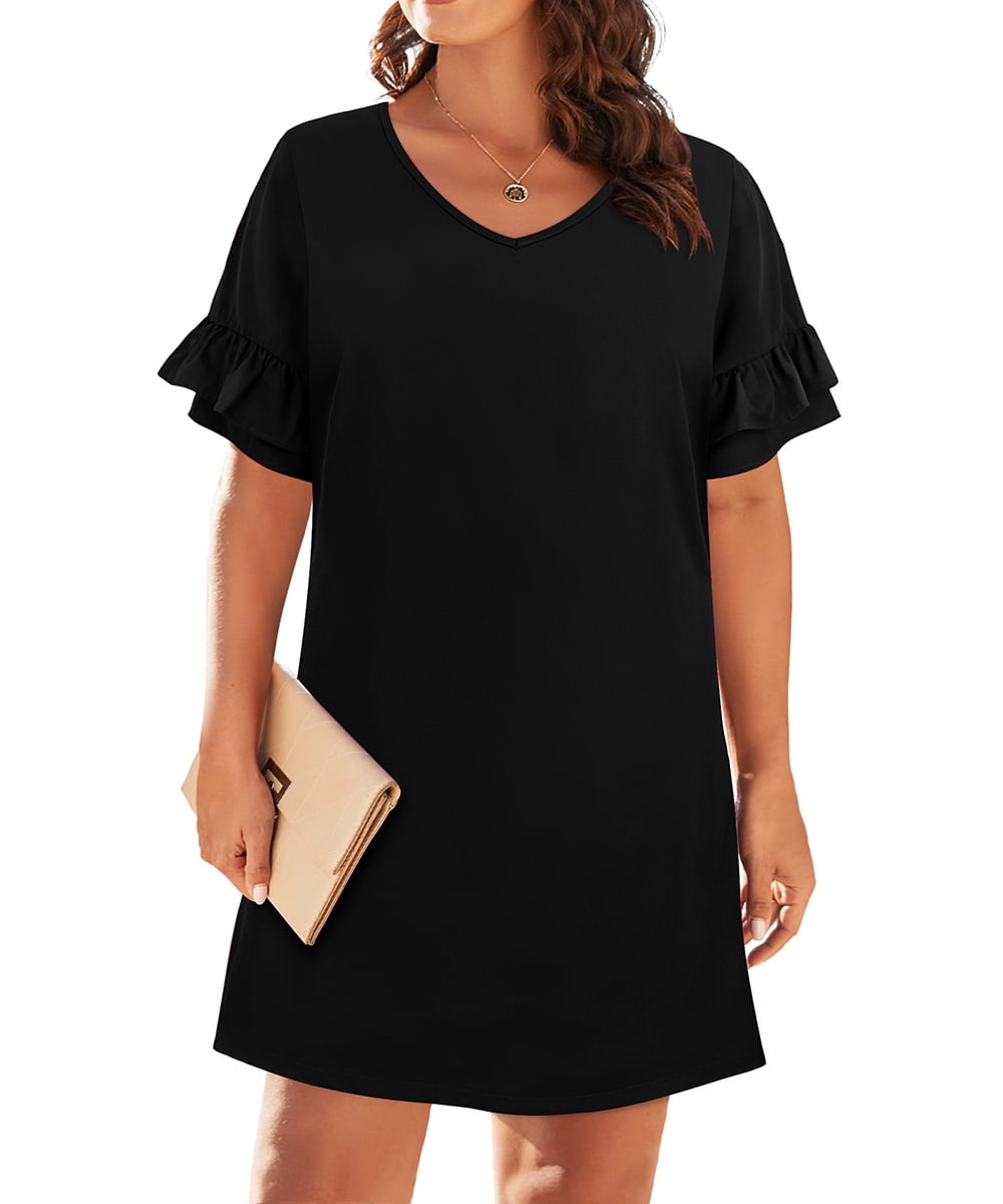 CASSIE LIZ Plus Size Dress For Women 5X Solid Black Pocket V Neck Dress ...