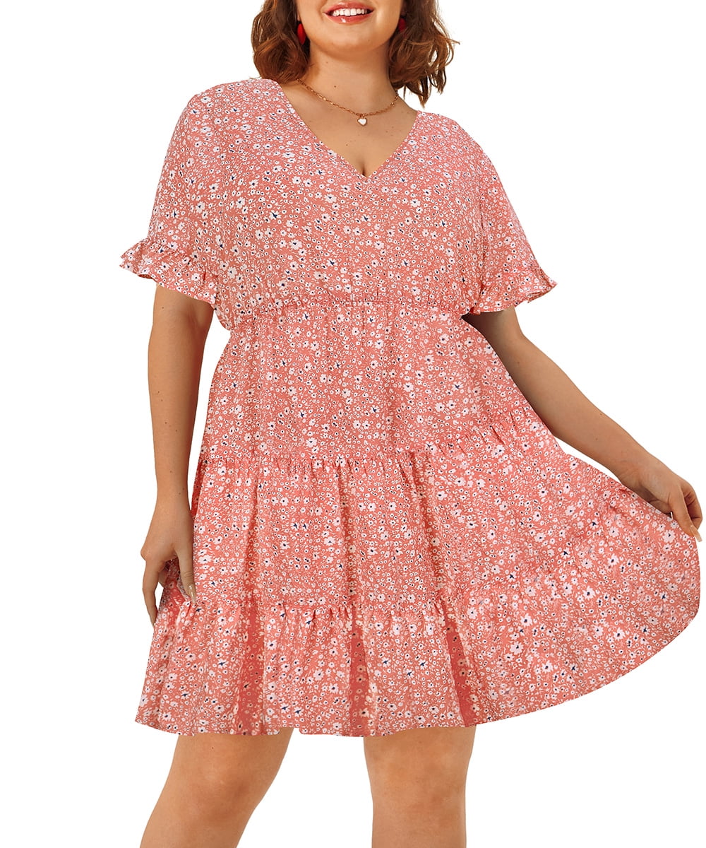 Cassie Liz Plus Size Dress, Pink Floral V-Neck Tunic, Lightweight ...