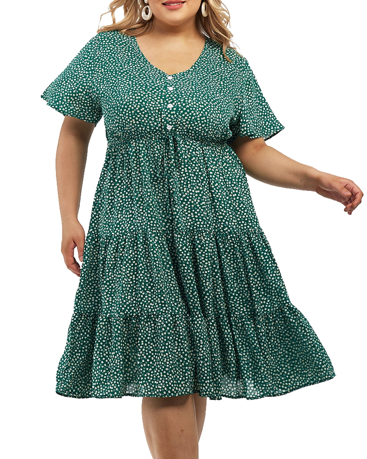 CASSIE LIZ Plus Size Dress For Women Polka Dot V Neck Button Detail ...