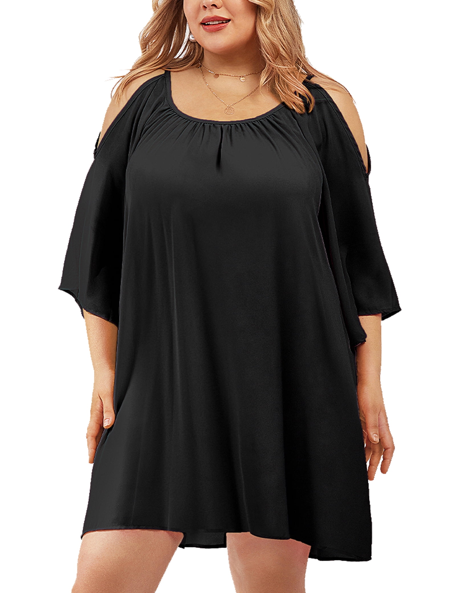CASSIE LIZ Plus Size Dress For Women Solid Crew Neck Dress Black Kimono ...