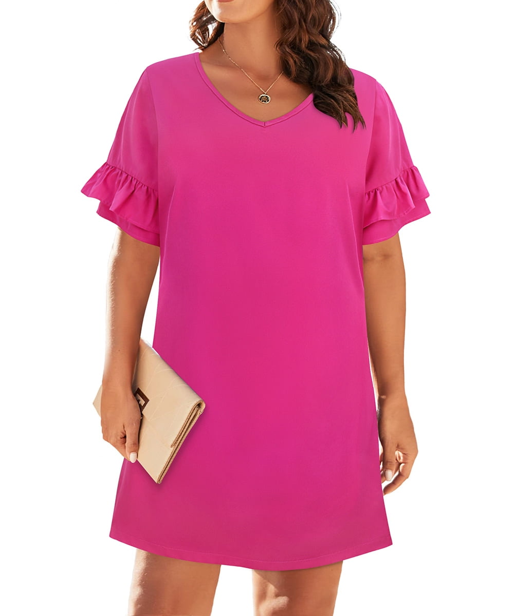 CASSIE LIZ Plus Size Dress For Women Solid Hot Pink V Neck Pocket Dress ...