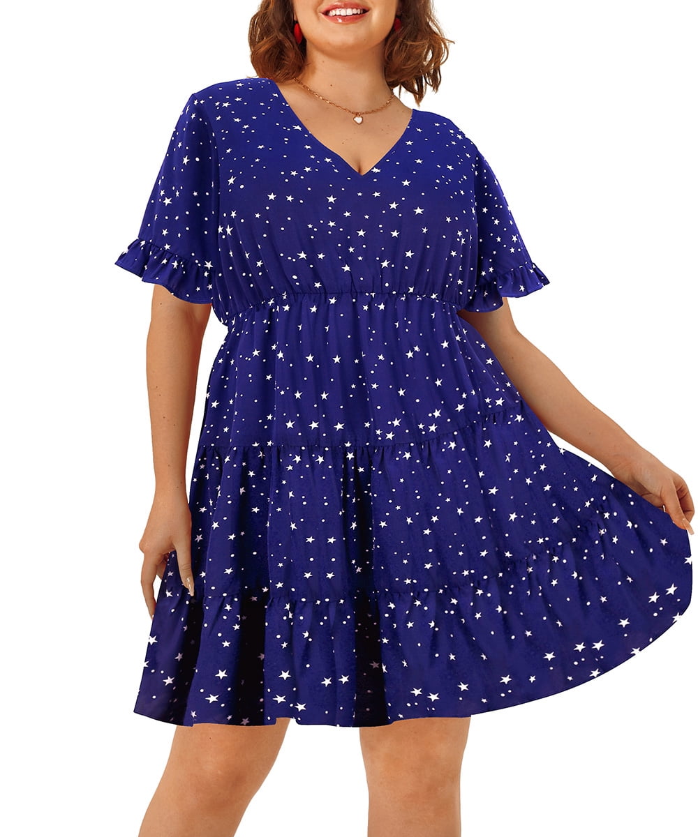 CASSIE LIZ Plus Size Dress For Women Star Print V Neck Dress Blue ...